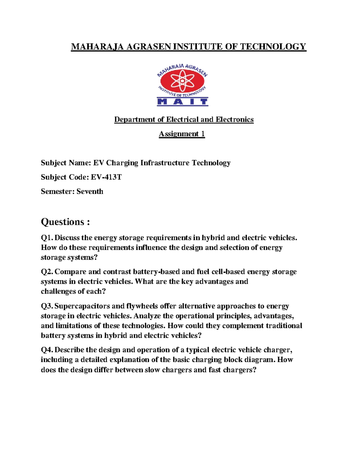 EV Charging Assignment 1 - MAHARAJA AGRASEN INSTITUTE OF TECHNOLOGY Department of Electrical and ...