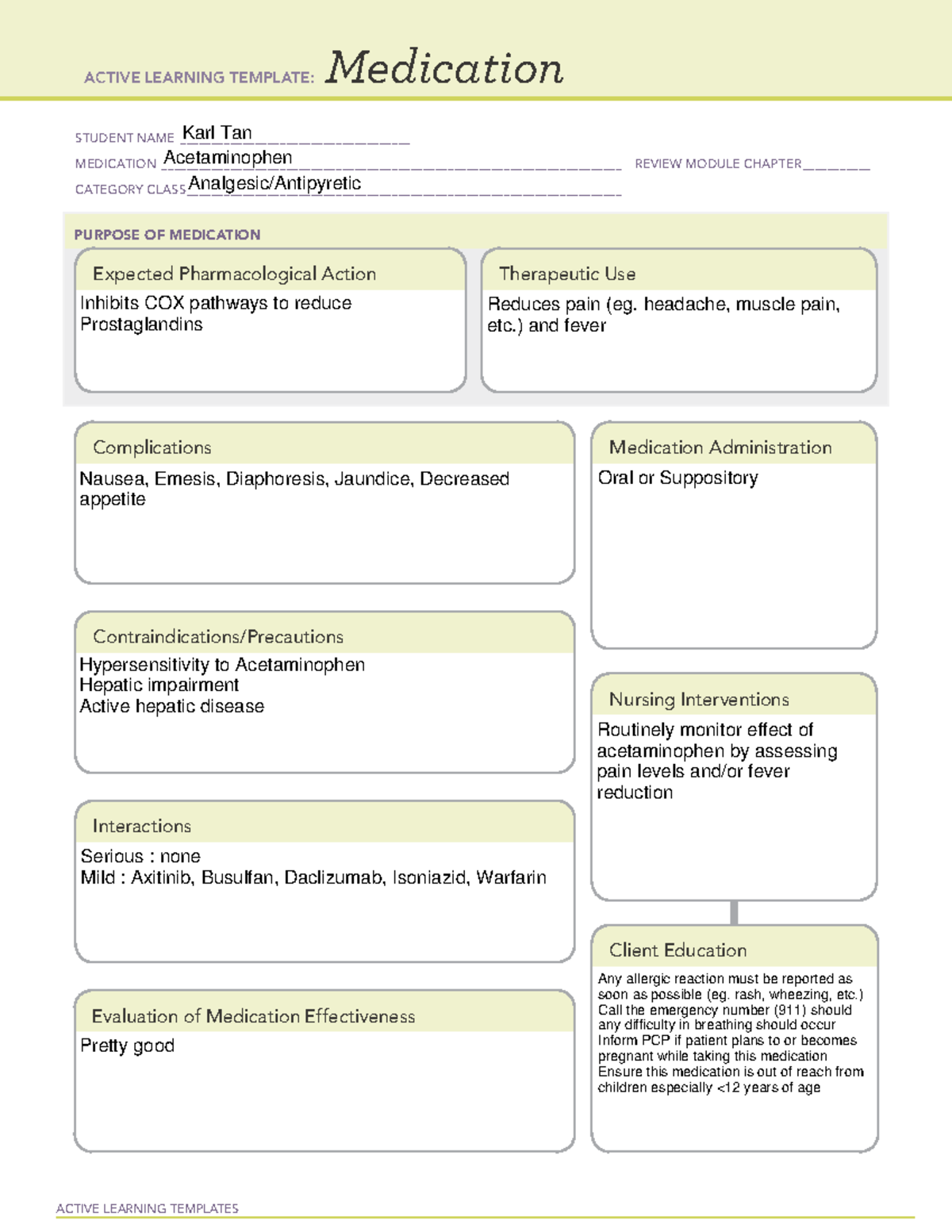 Acetaminophen - ACTIVE LEARNING TEMPLATES Medication STUDENT NAME - Studocu