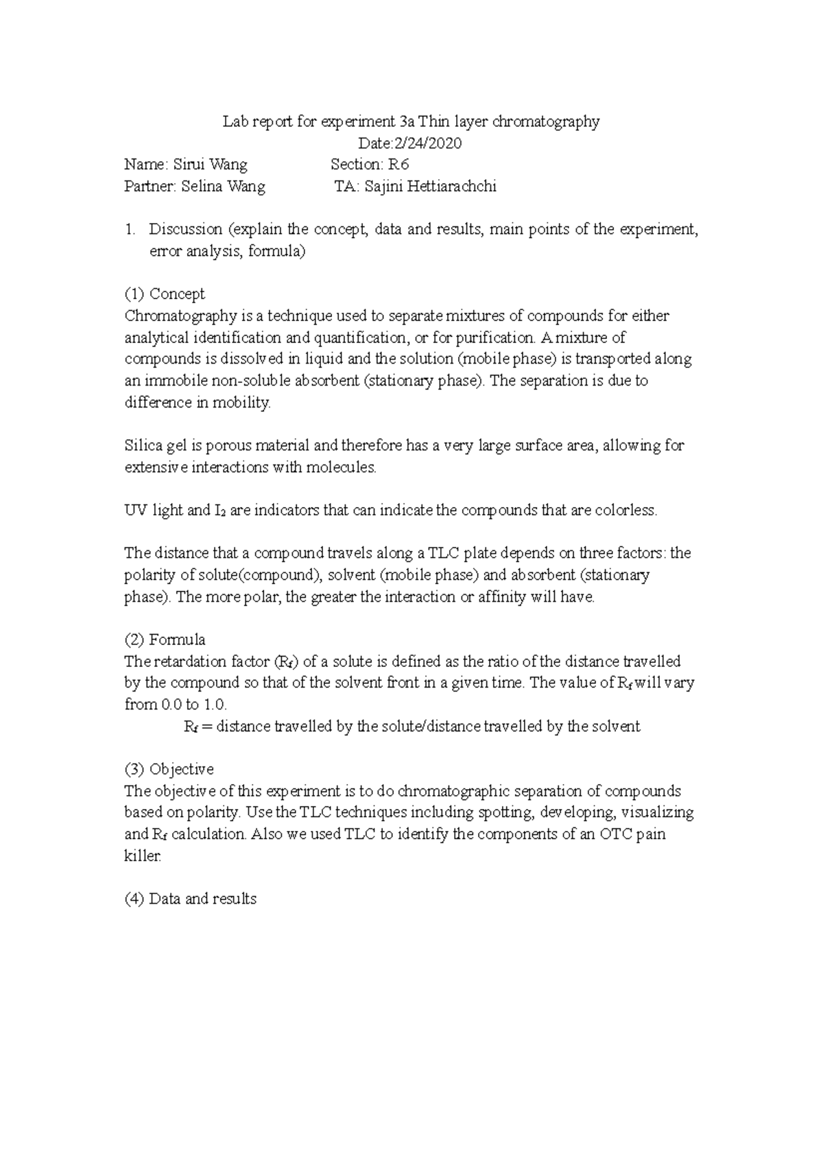 Experiment 3 - Lab report for experiment 3a Thin layer chromatography ...