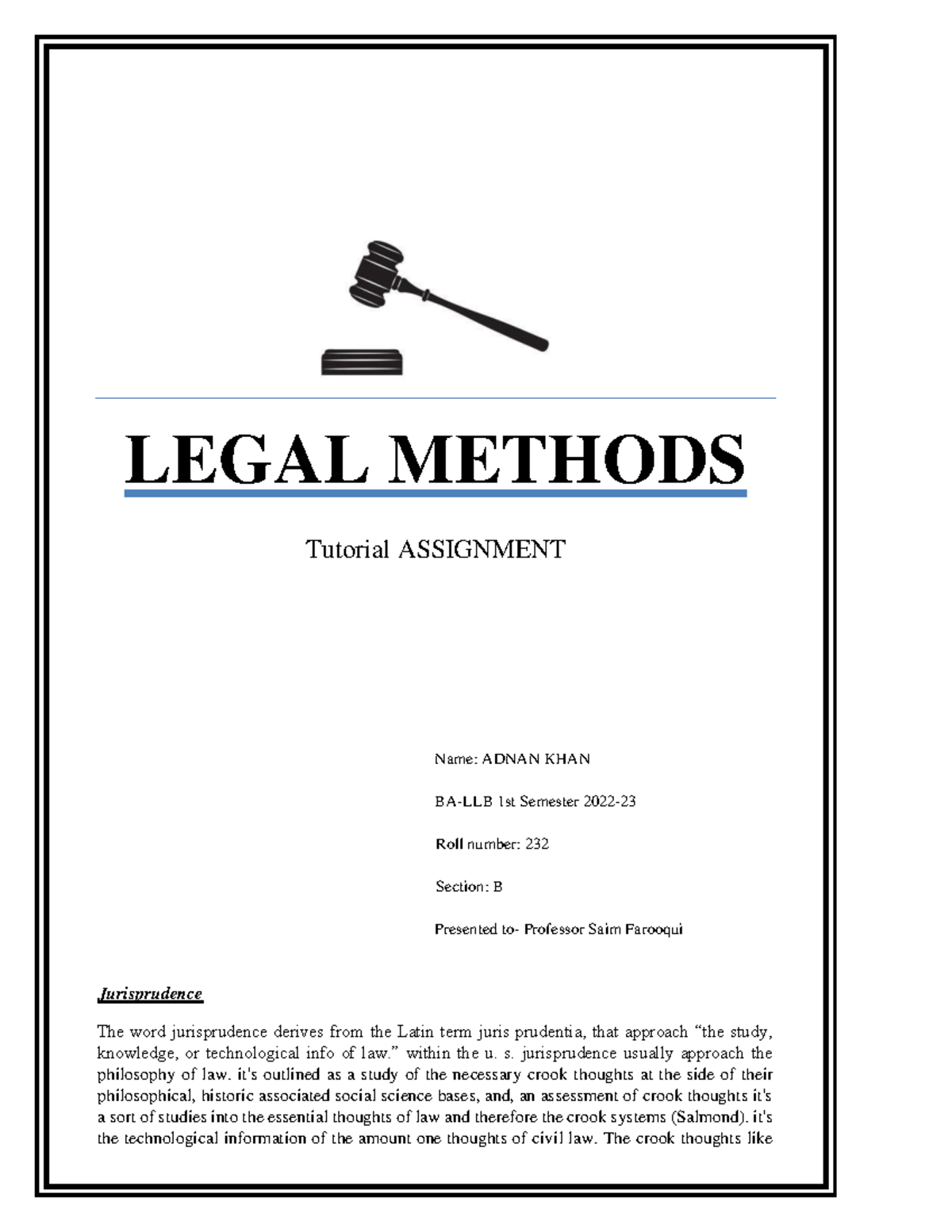 Document - Law - LEGAL METHODS Tutorial ASSIGNMENT Name: ADNAN KHAN BA ...