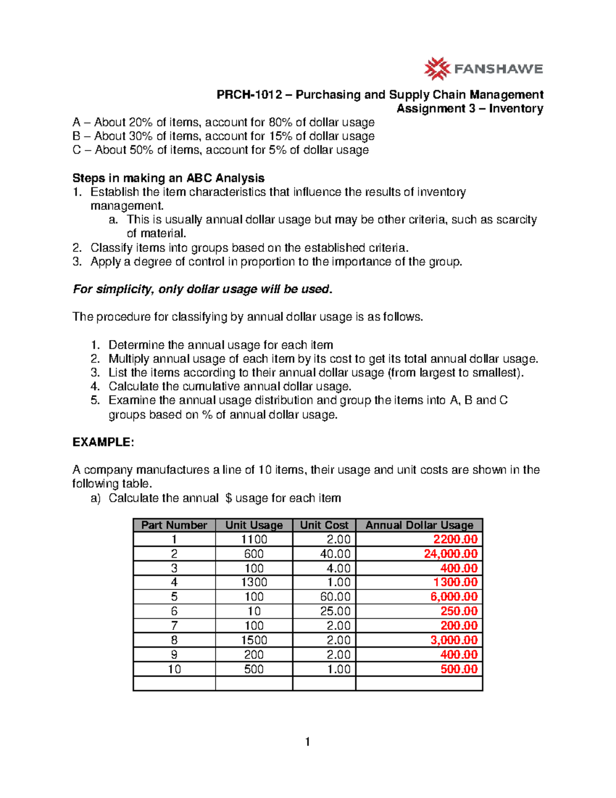 Assignment 3 - Inventory - PRCH-1012 – Purchasing and Supply Chain Management Assignment 3 ...