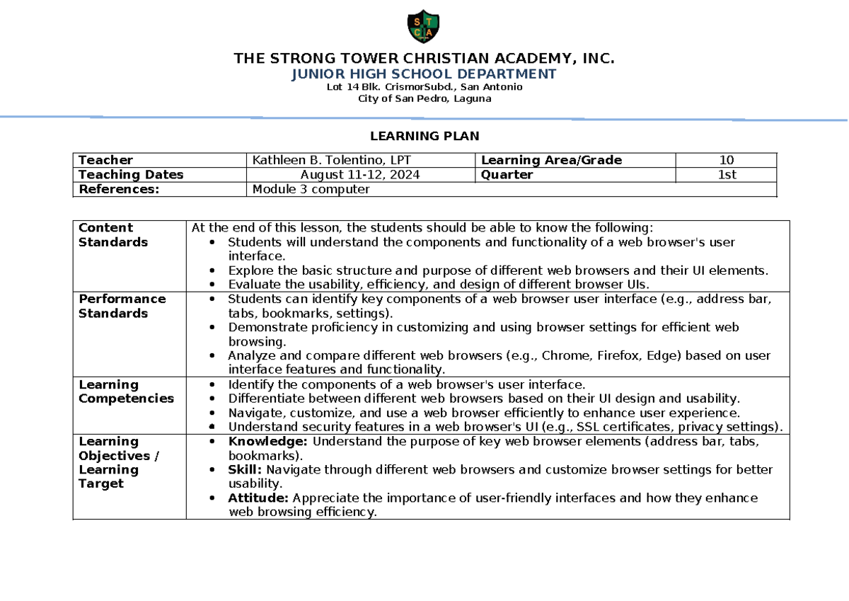 LP-G10 - LESSON PLAN COMPUTER 10 - JUNIOR HIGH SCHOOL DEPARTMENT Lot 14 ...