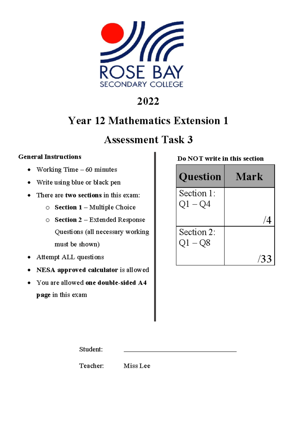 Year 12 Assessment Task 3 - 2022 - 2022 Year 12 Mathematics Extension 1 ...