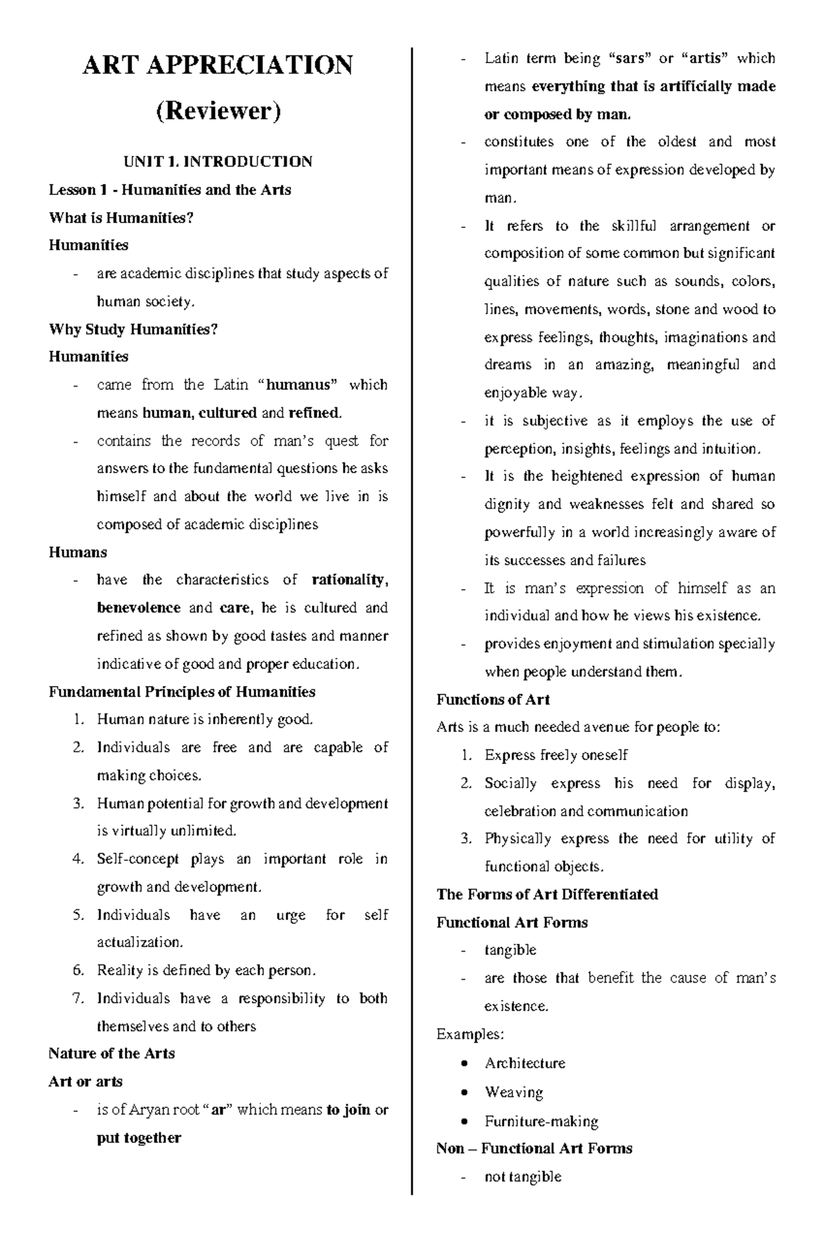 ART- Appreciation-Reviewer - ART APPRECIATION (Reviewer) UNIT 1. INTRODUCTION Lesson 1 ...