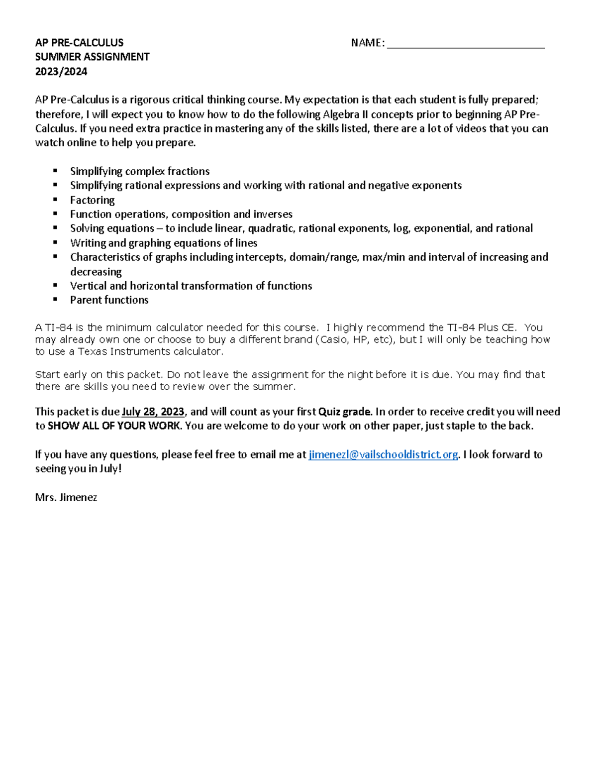 AP Pre Calc Summer Assignment - AP PRE-CALCULUS NAME ...