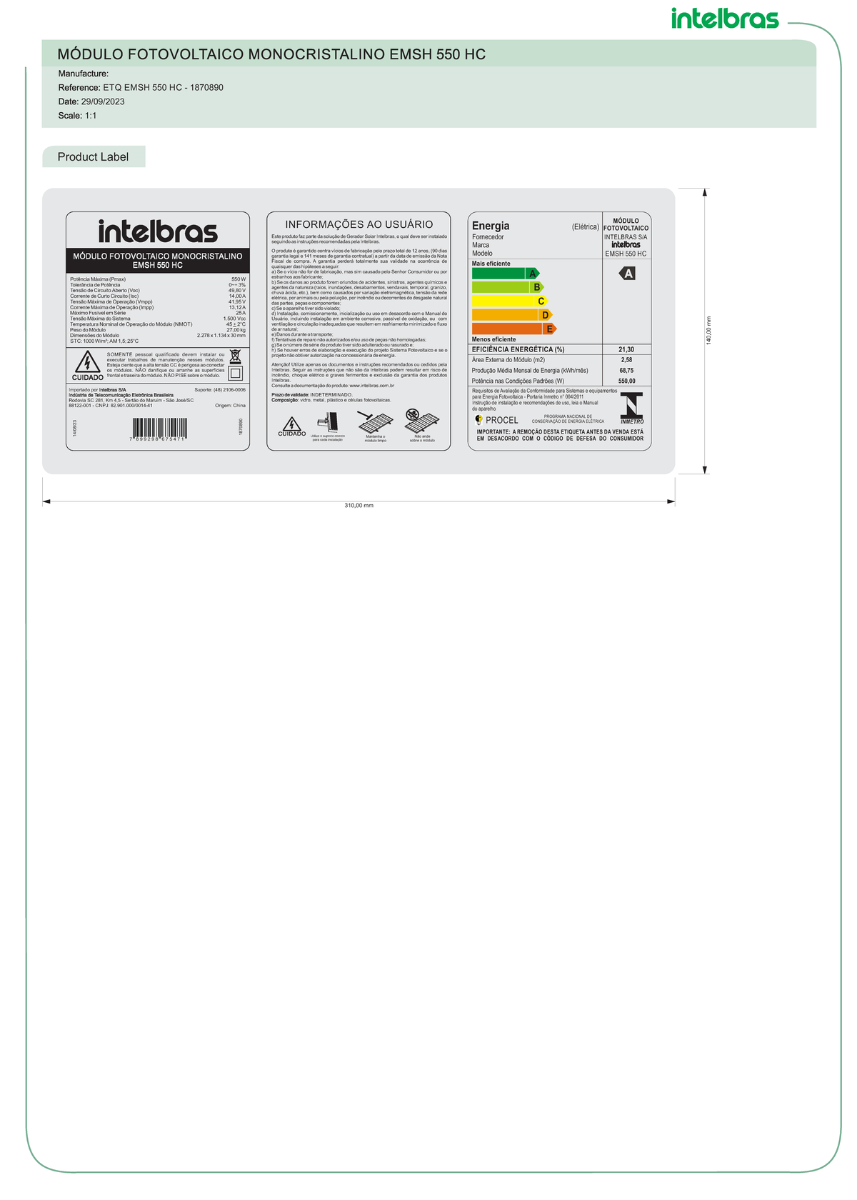 Procel-EMSH-550 HC - selo procell placa solar - Product Label MÓDULO ...