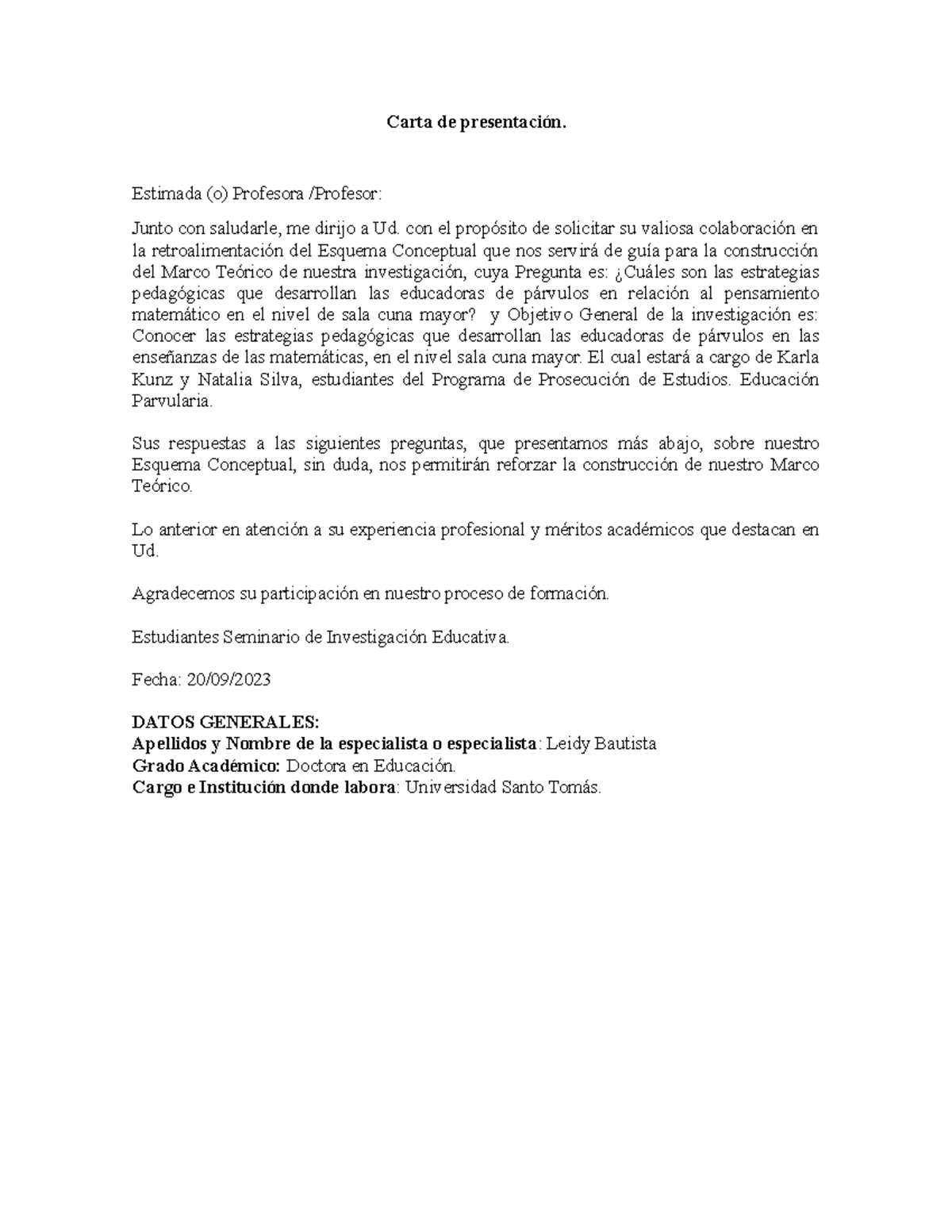 Carta ValidacióN 2 - Carta de presentación. Estimada (o) Profesora ...