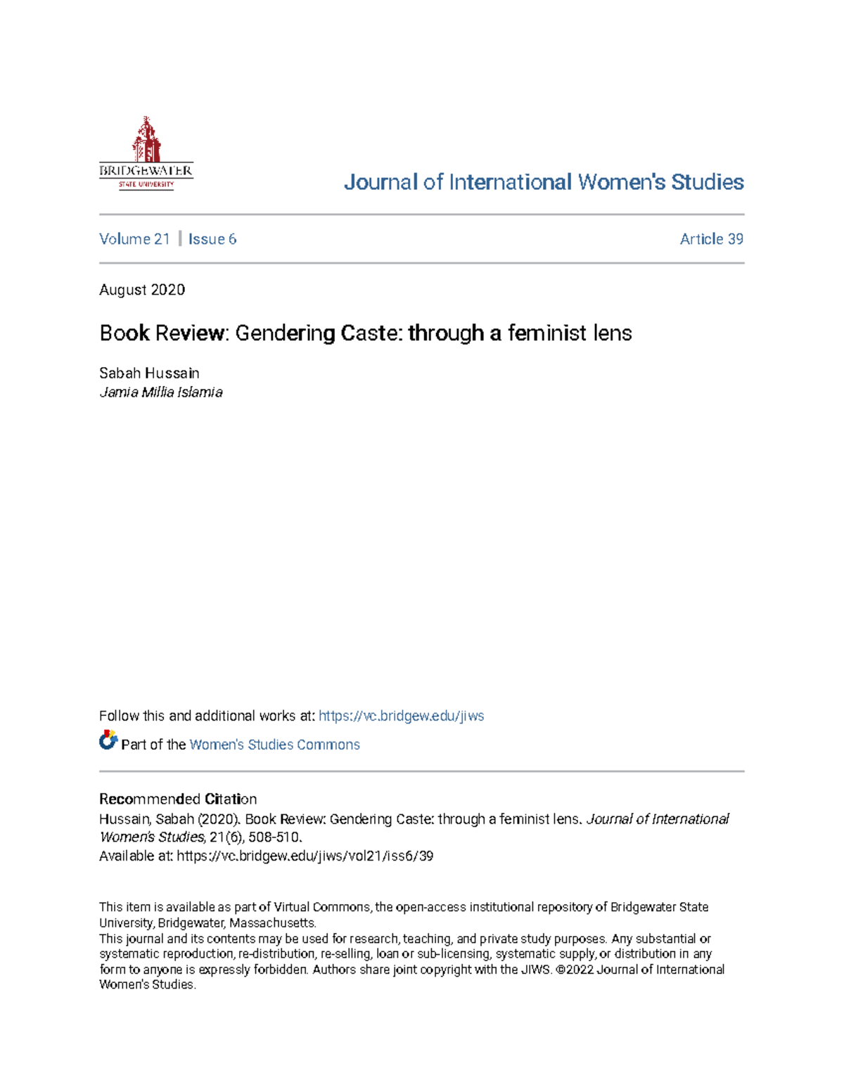 Book Review Gendering Caste through a feminist lens - bridgew/jiws Part ...
