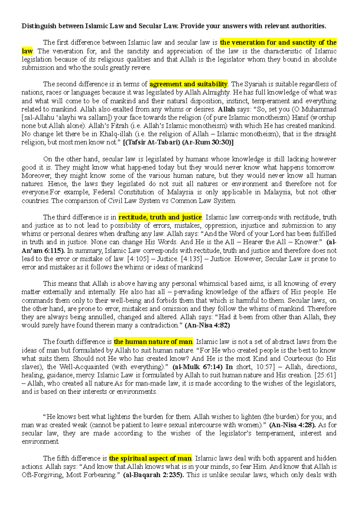 Islamic Law vs Secular Law - Provide your answers with relevant ...