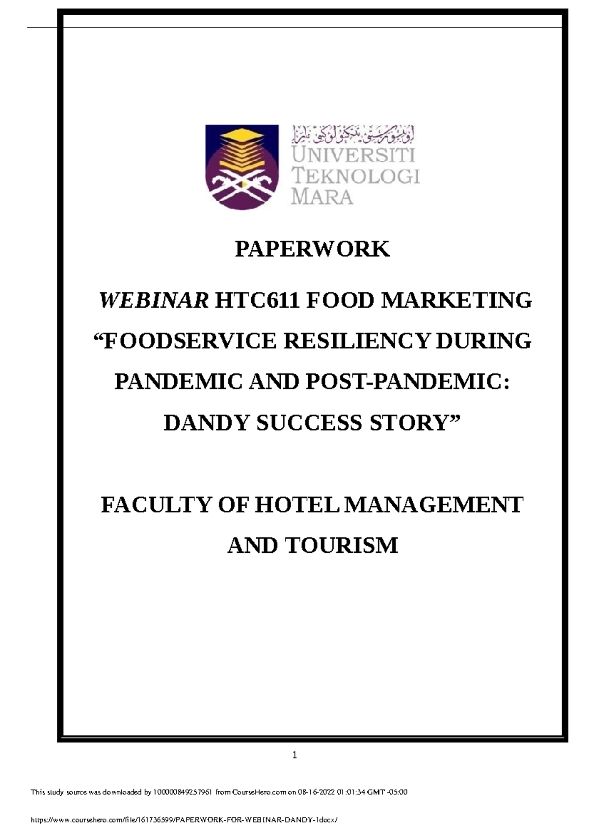 Paperwork FOR Webinar Dandy 1 - 1 PAPERWORK WEBINAR HTC611 FOOD ...