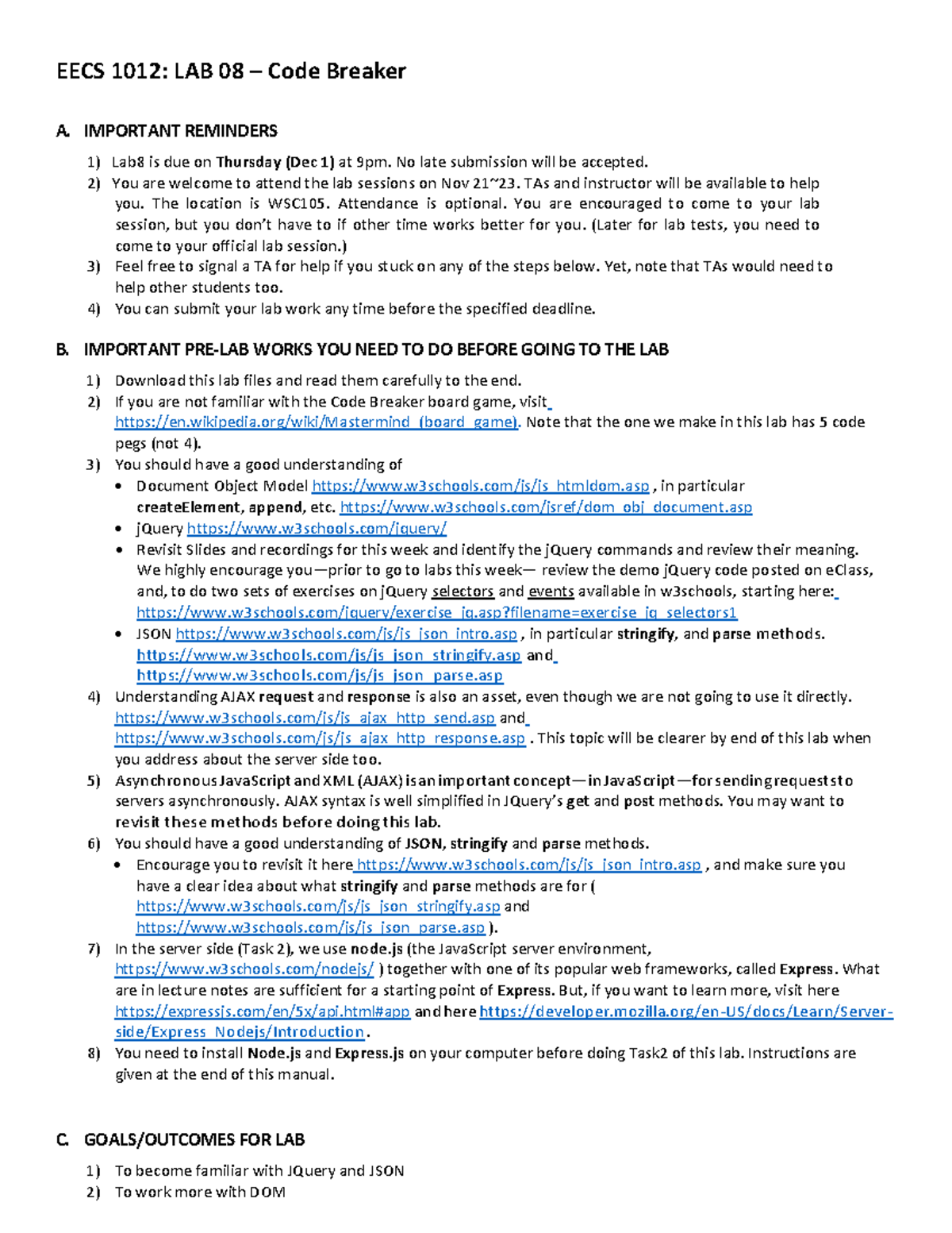 22f Lab08 - Lab assignment - EECS 1012: LAB 08 – Code Breaker A. IMPORTANT REMINDERS Lab8 is due ...