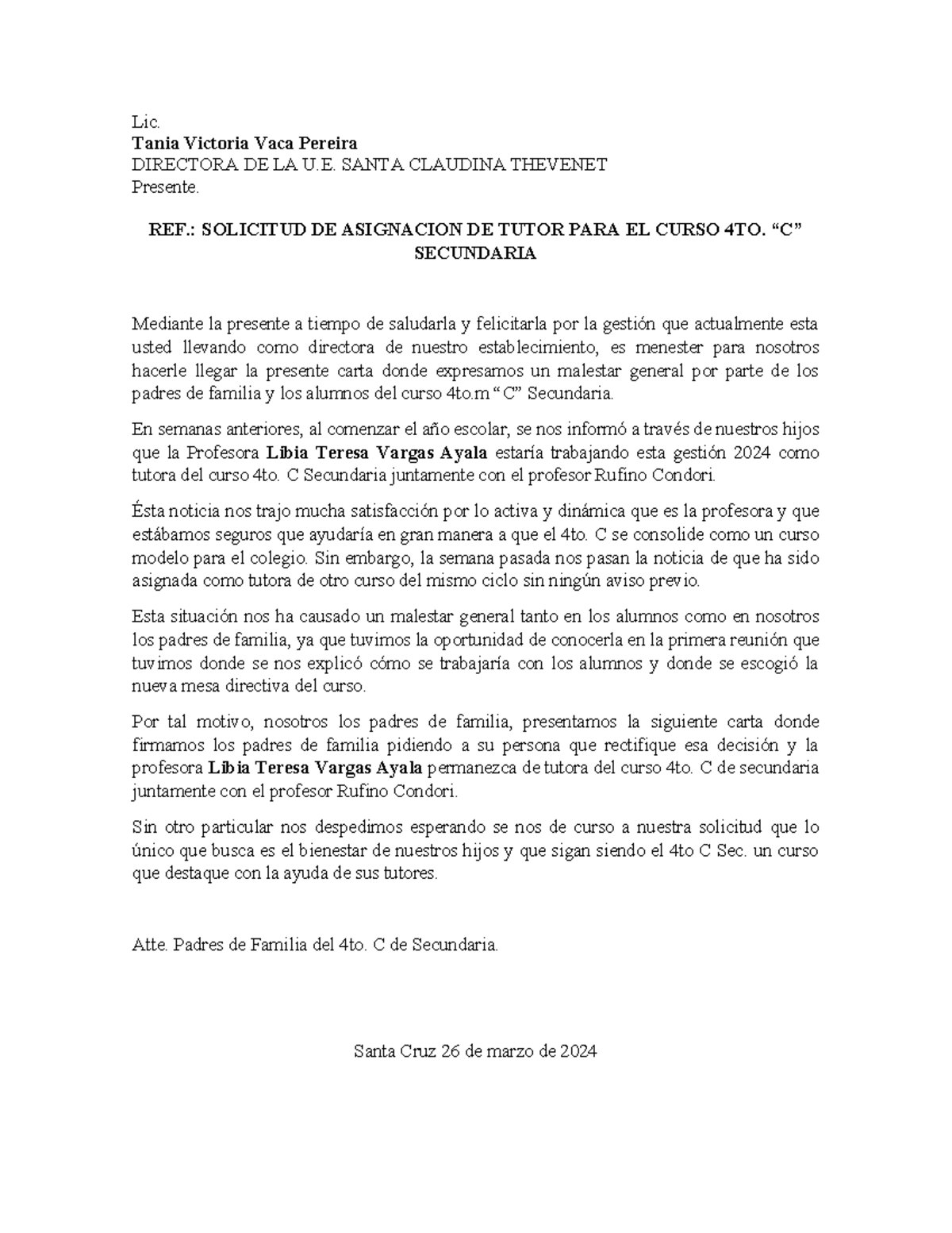 Carta PARA LA Directora - Lic. Tania Victoria Vaca Pereira DIRECTORA DE ...