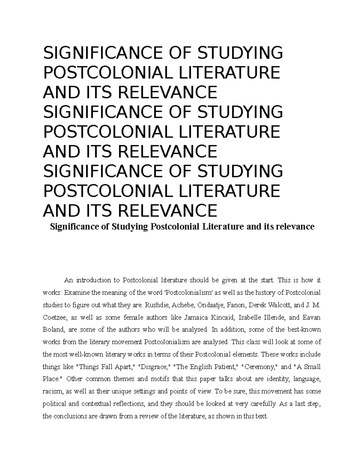 Significance OF Studying Postcolonial Literature AND ITS Relevance ...