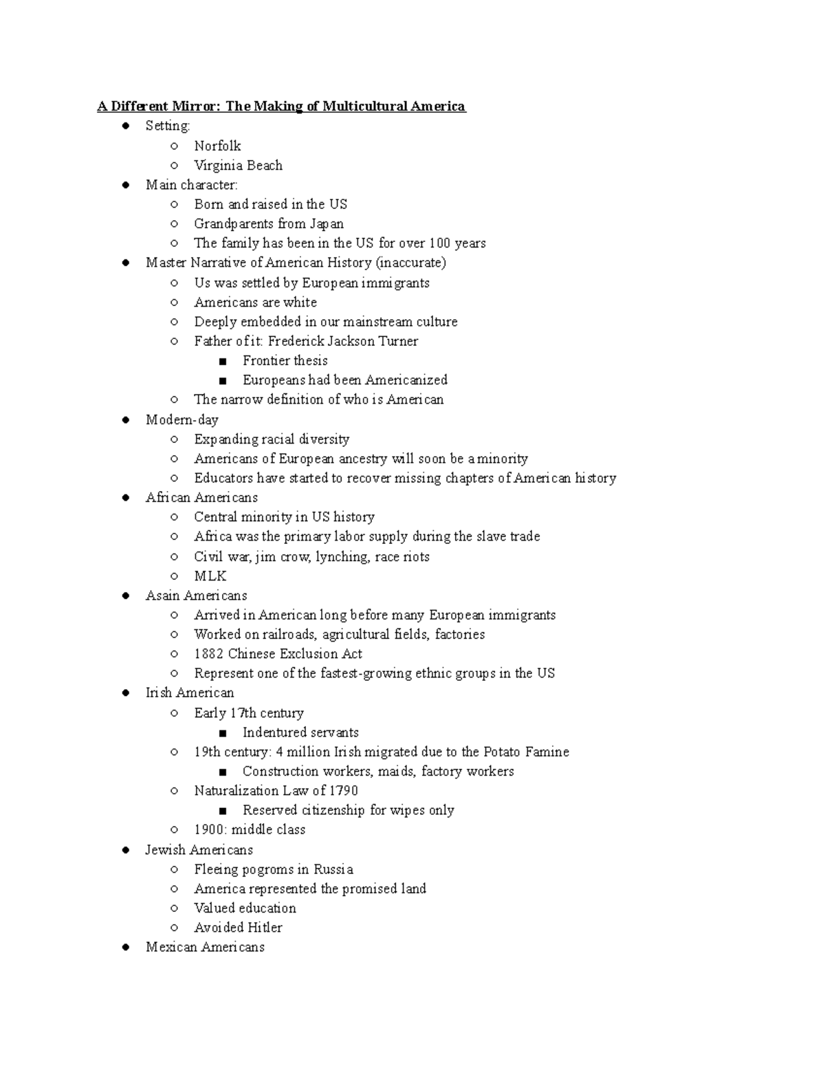 Reading Notes Week 1 - A Different Mirror: The Making of Multicultural ...