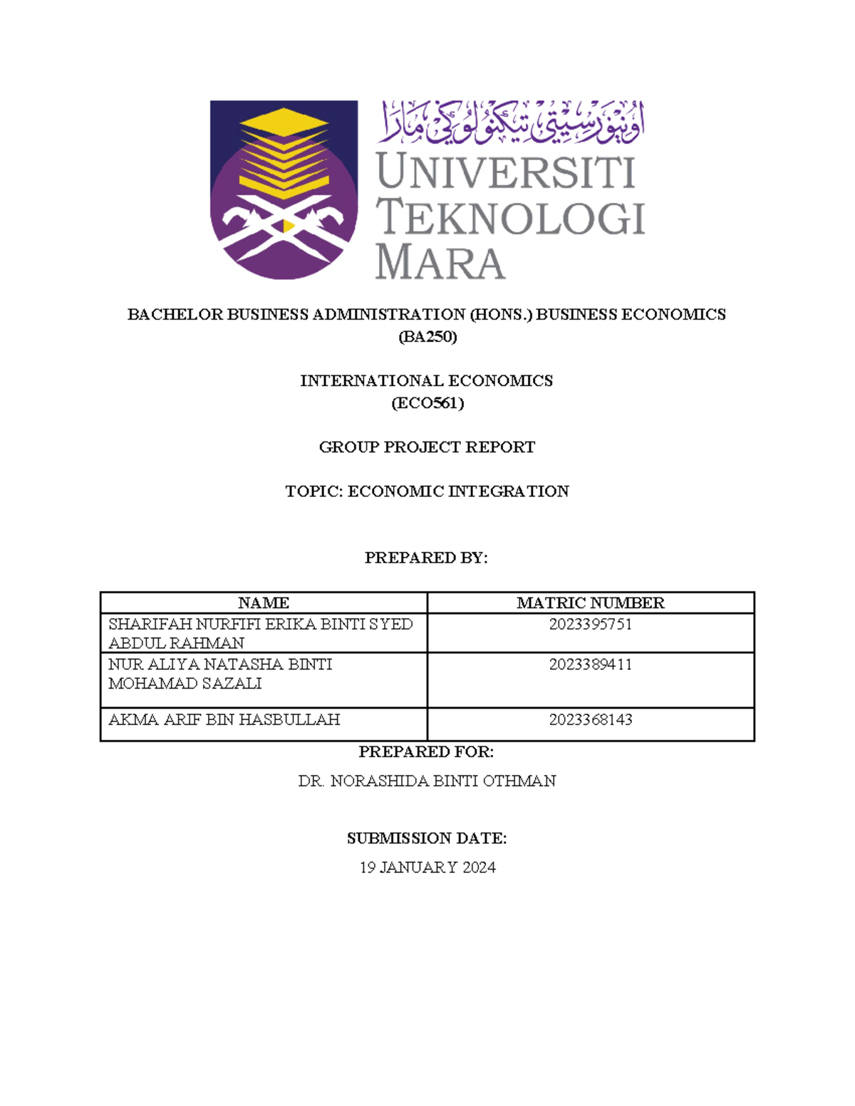 ECO561- Group 2 Assignment Report ( Economic Integration) - BACHELOR BUSINESS ADMINISTRATION ...