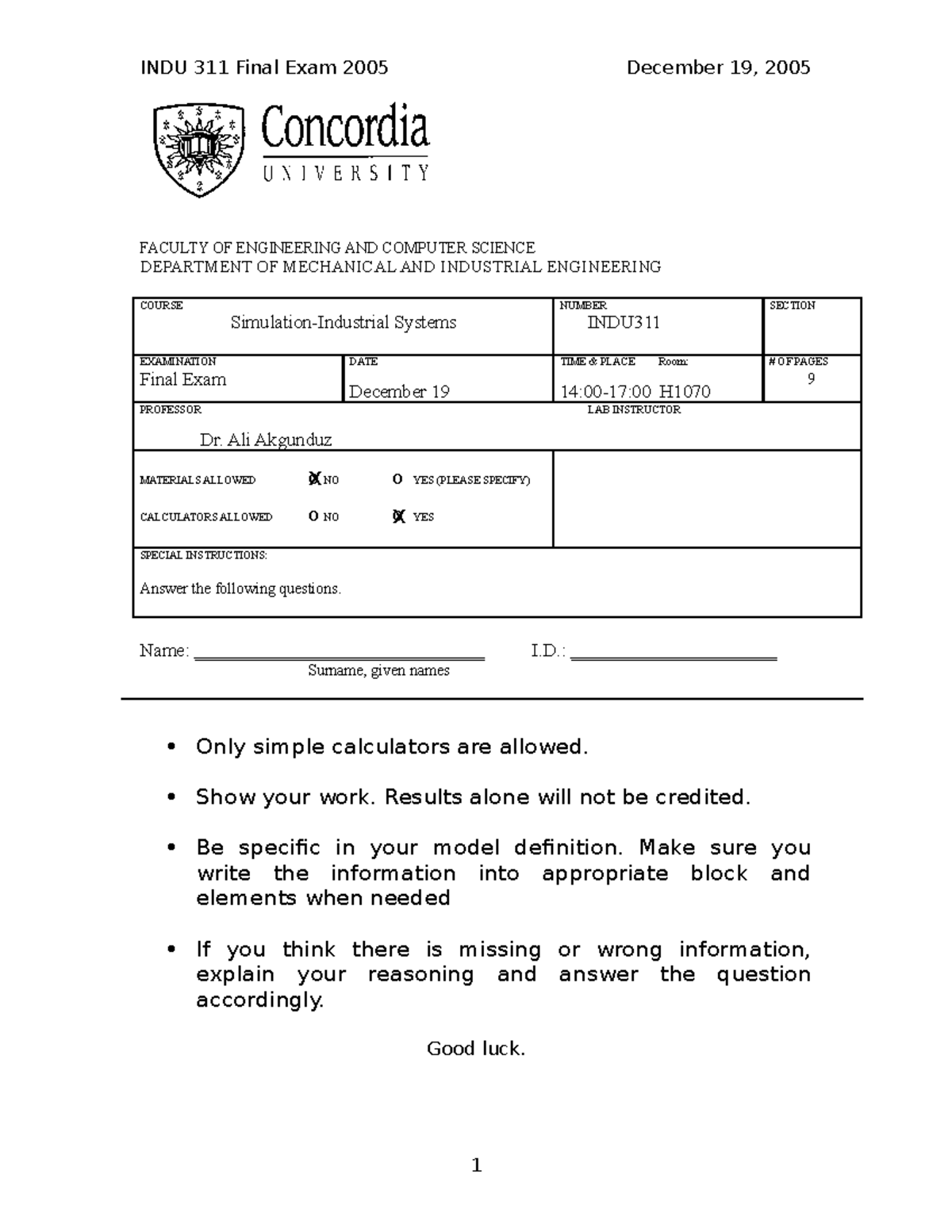 Indu311-Final 2005 - actual indu 311 simulation final exam - FACULTY OF ...
