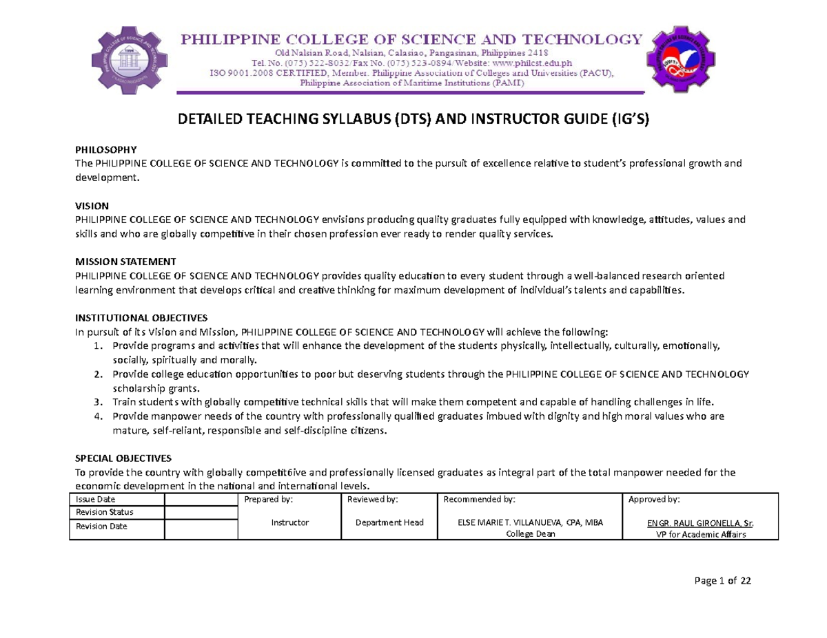 Toaz - Syllabus - Page 1 of 22 DETAILED TEACHING SYLLABUS (DTS) AND ...