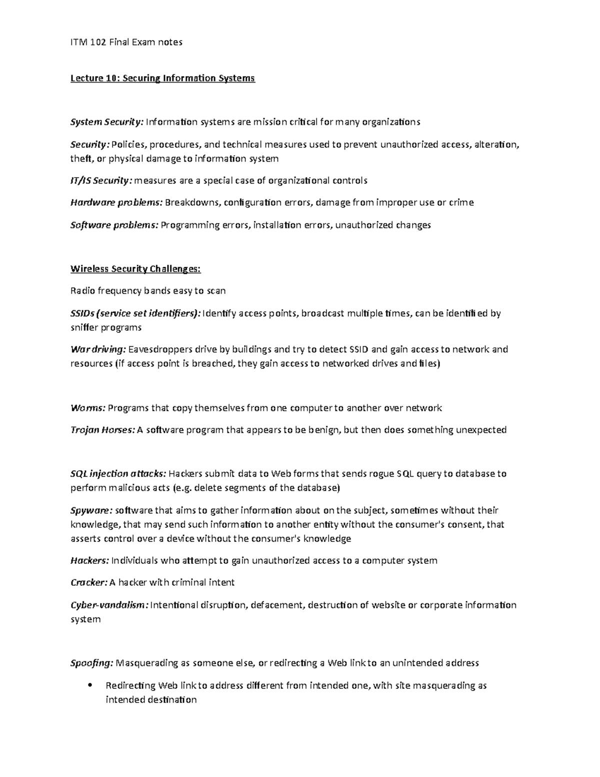 Itm 102 Lecture 10 Securing Information Systems Itm 102 Final Exam Notes Lecture 10