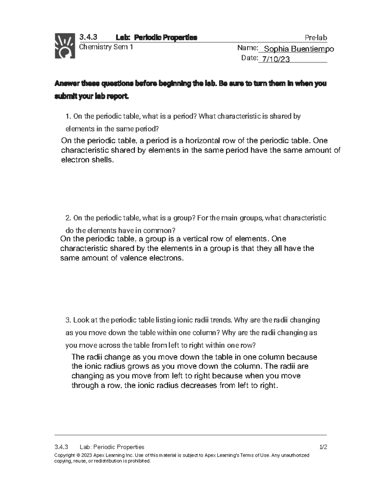 3.4.3 Lab - Periodic Properties (Pre-lab) - Lab: Periodic Properties 1 / 2 Copyright © 2023 Apex ...