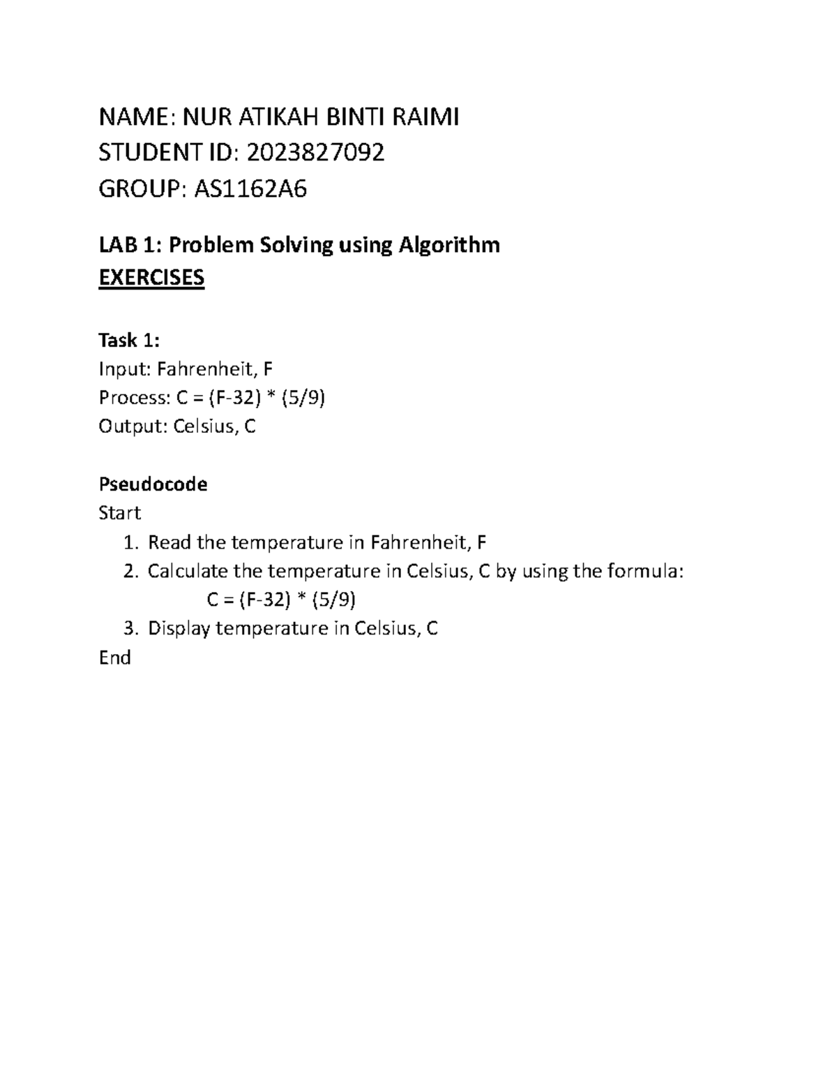 Tutorial lab CSC126 ( Atikah) - NAME: NUR ATIKAH BINTI RAIMI STUDENT ID: 2023827092 GROUP ...