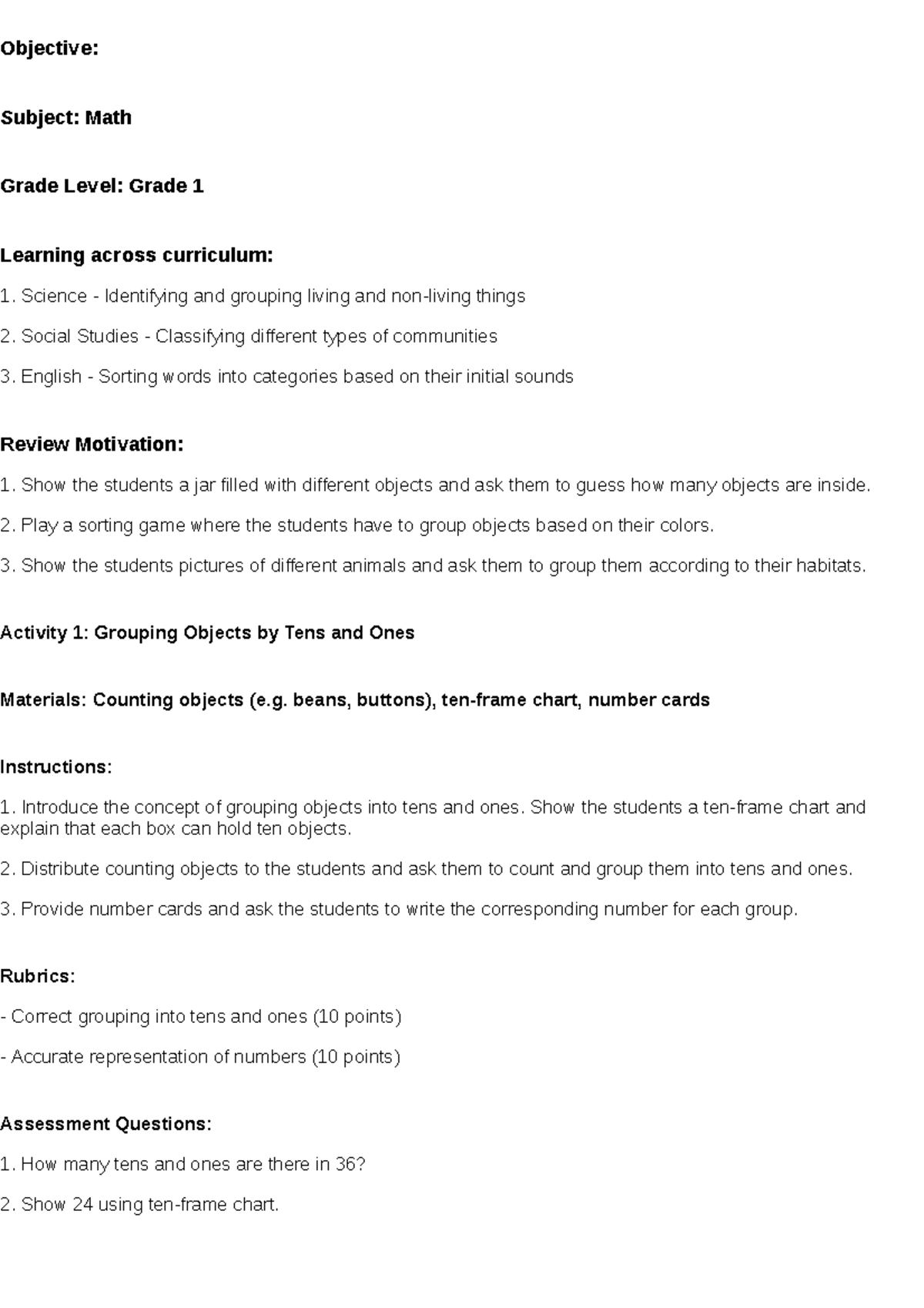 Lesson plan - Objective: Subject: Math Grade Level: Grade 1 Learning ...