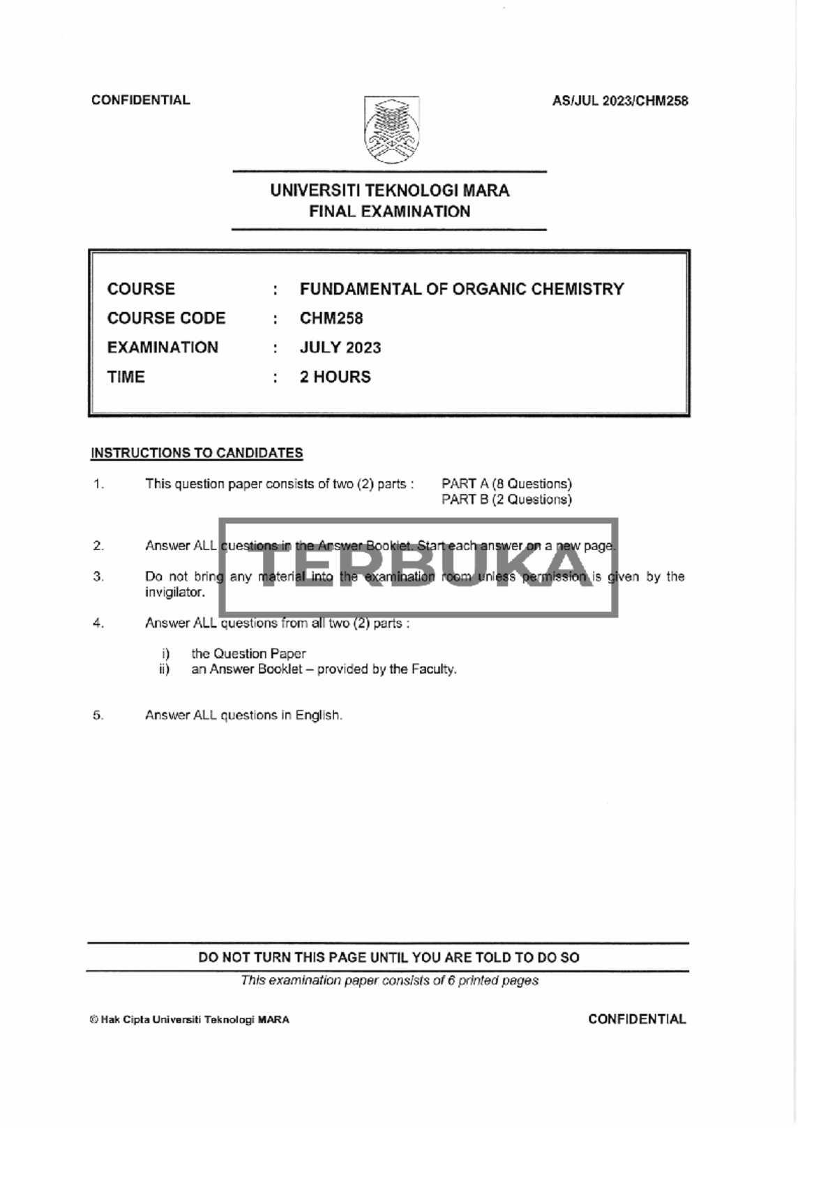 CHM258 4 - tutorial 4 - CONFIDENTIAL UNIVERSITI TEKNOLOGI MARA FINAL EXAMINATION COURSE : - Studocu