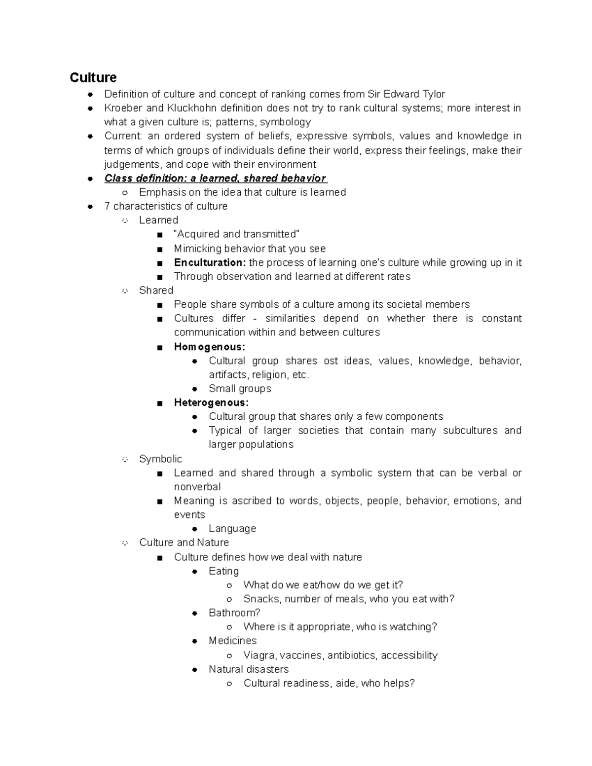 Class Lecture Notes 2 - Culture Definition of culture and concept of ...