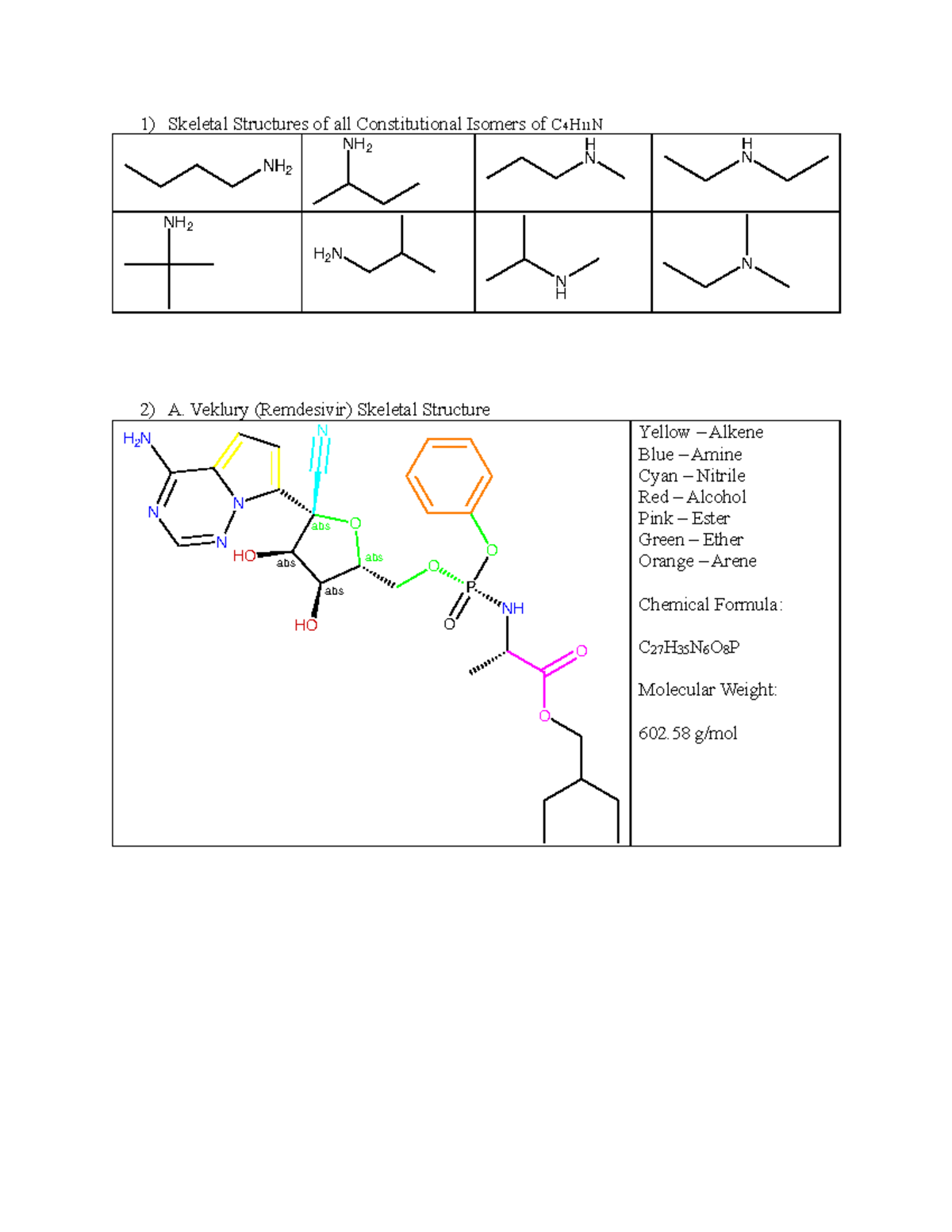 Chem Draw Lab - UGA ChemDraw Lab Report - 1) Skeletal Structures of all ...