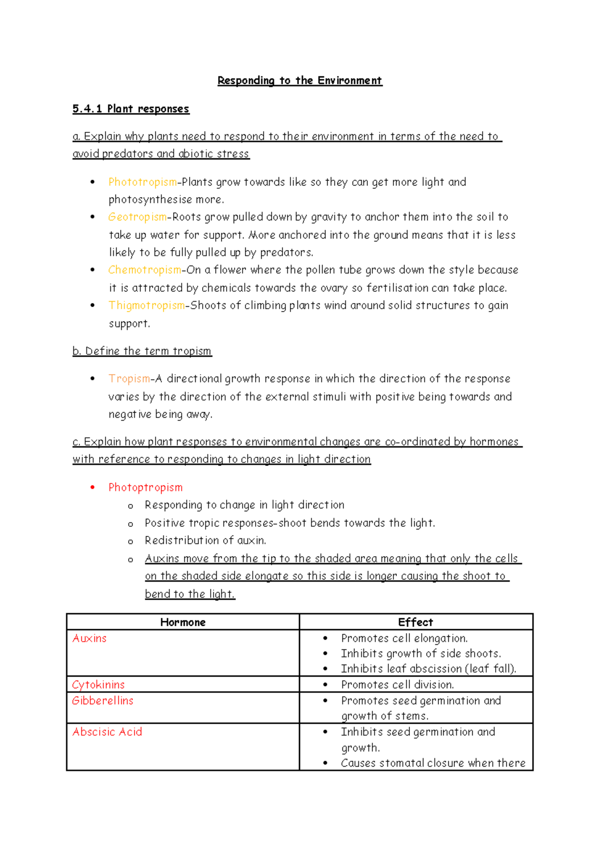 Responding to the Environment - 4 Plant responses a. Explain why plants ...