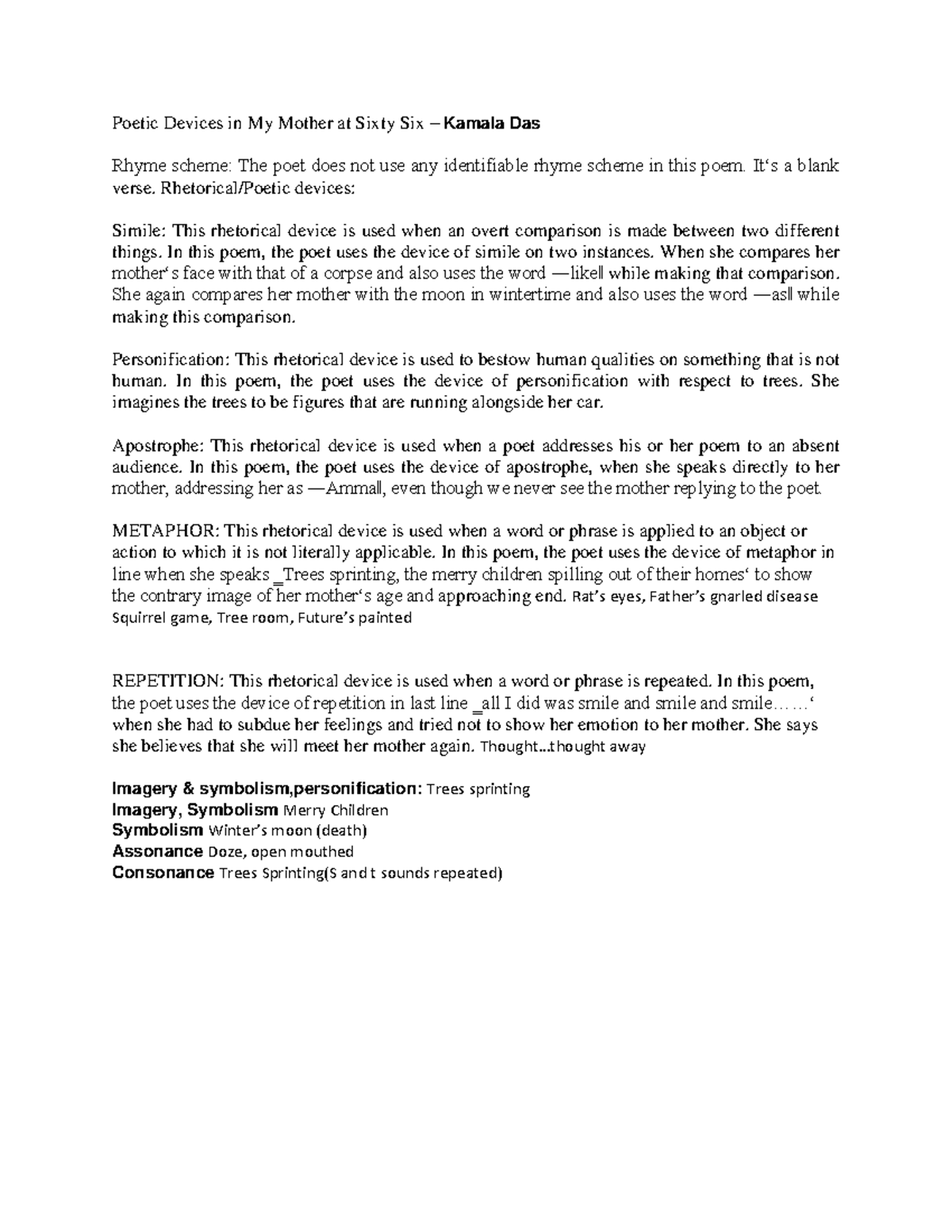 Poetic devices - Welcome - Poetic Devices in My Mother at Sixty Six ...