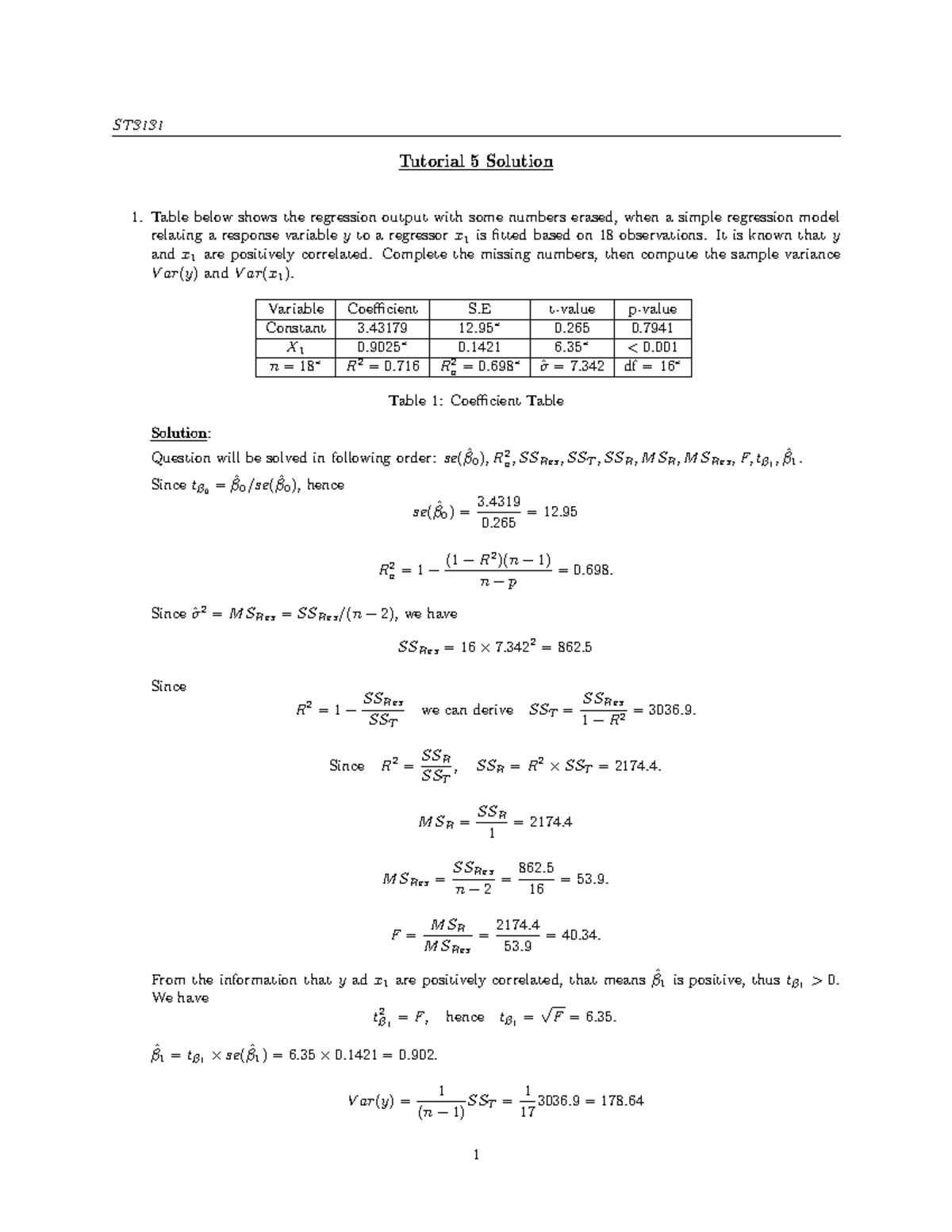 Tutorial 05 soln - ST Tutorial 5 Solution Table below shows the regression output with some ...