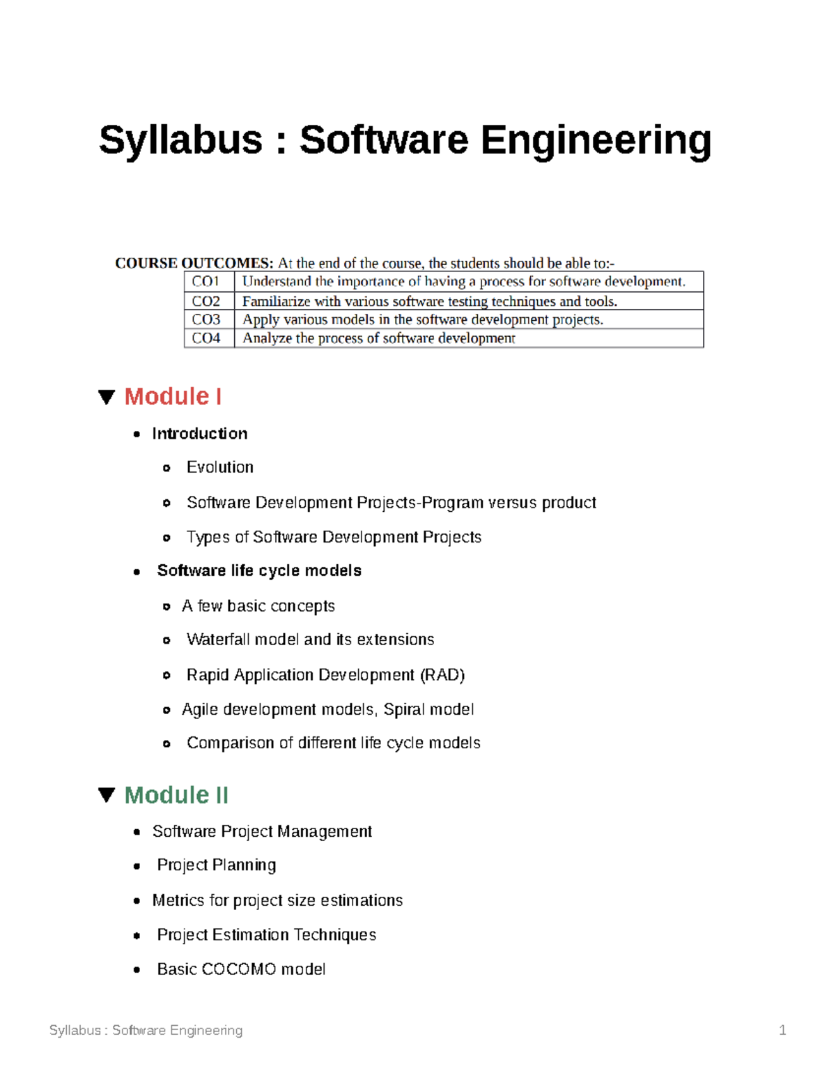 Syllabus Software Engineering - Syllabus : Software Engineering 1 ...