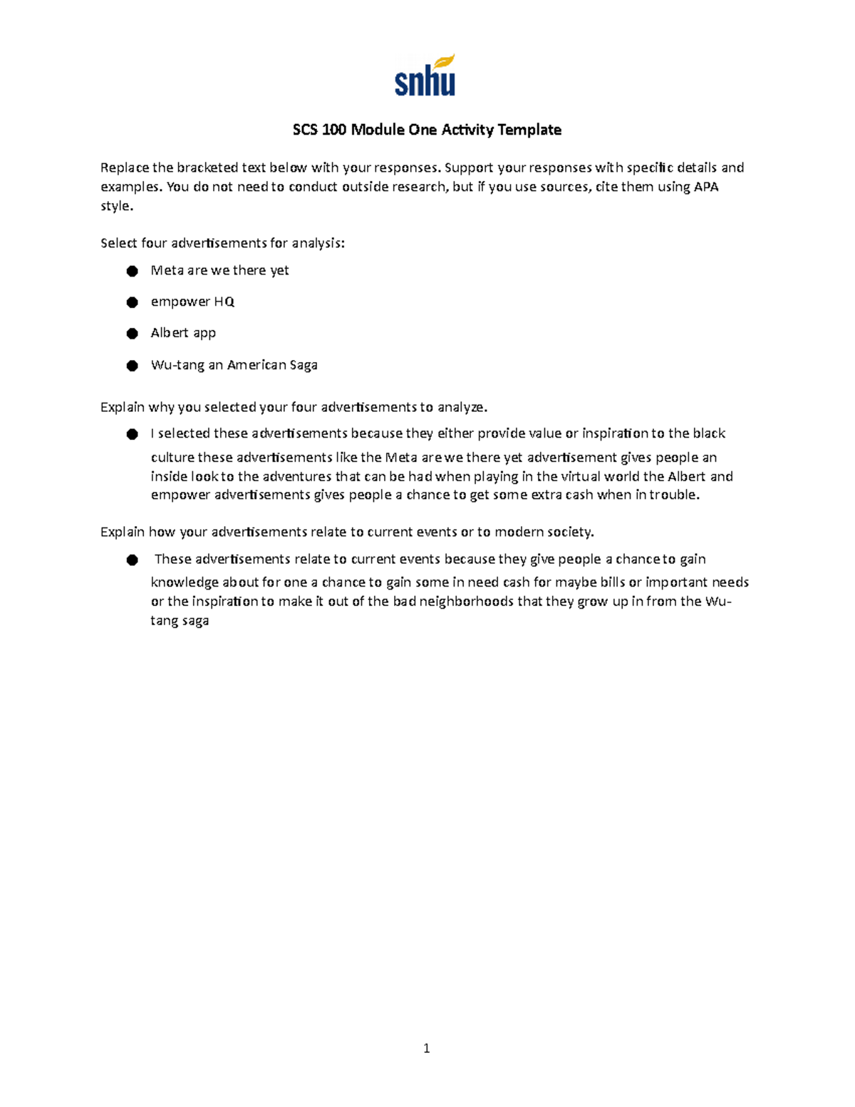 SCS 100 Module One Activity Template - SCS 100 Module One Activity ...