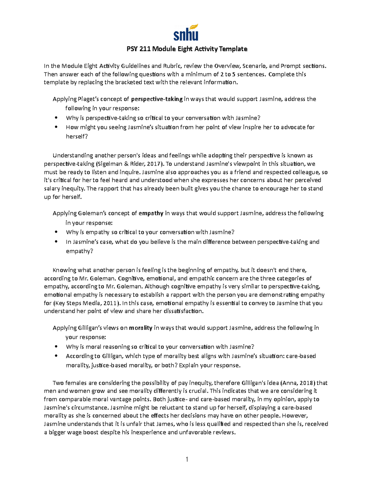 PSY 211 Module Eight Activity Template - Then answer each of the ...
