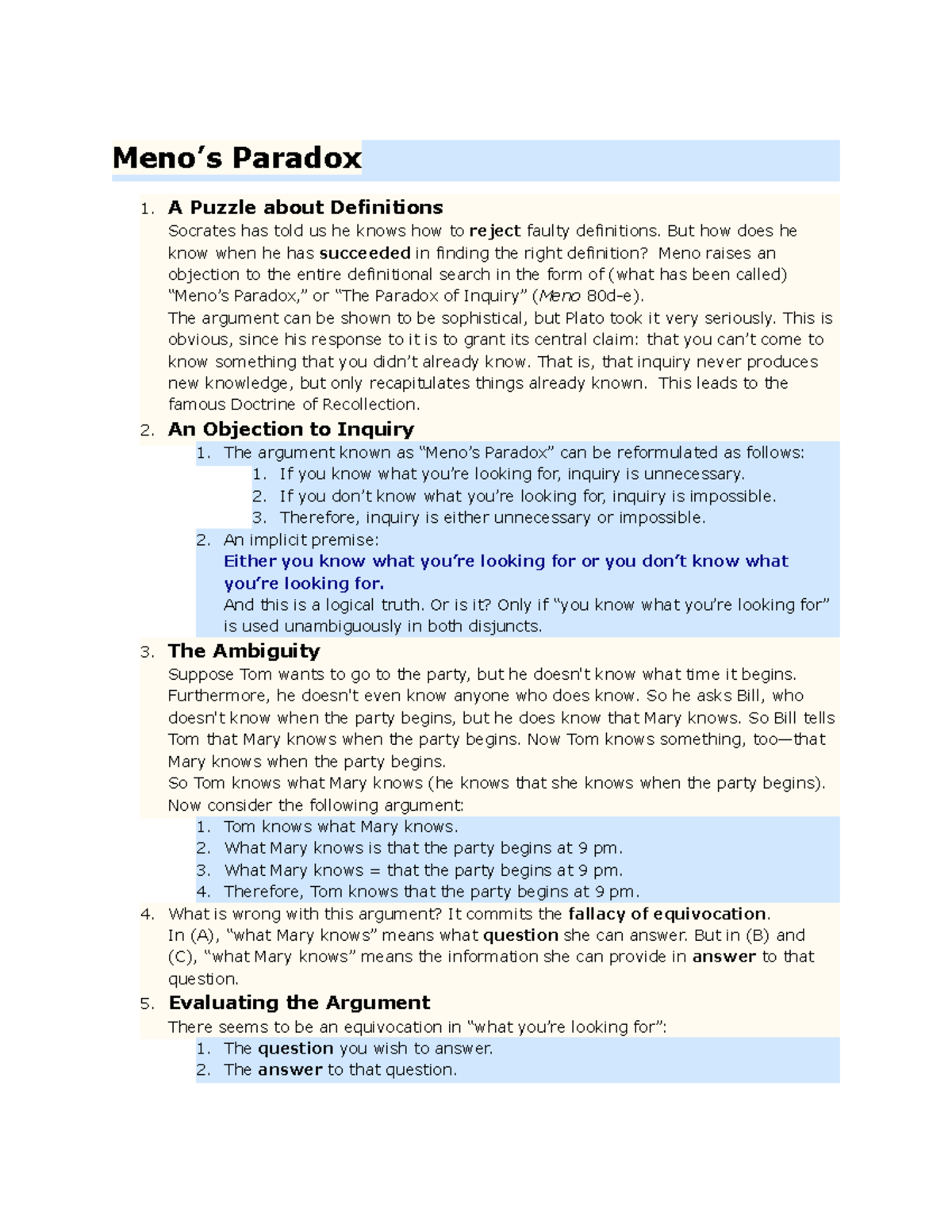 Meno’s Paradox - A Puzzle about Definitions Socrates has told us he ...
