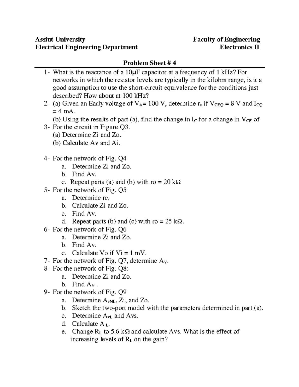 Sheet 4 - Problems on Electronics 2 - Assiut University Faculty of ...