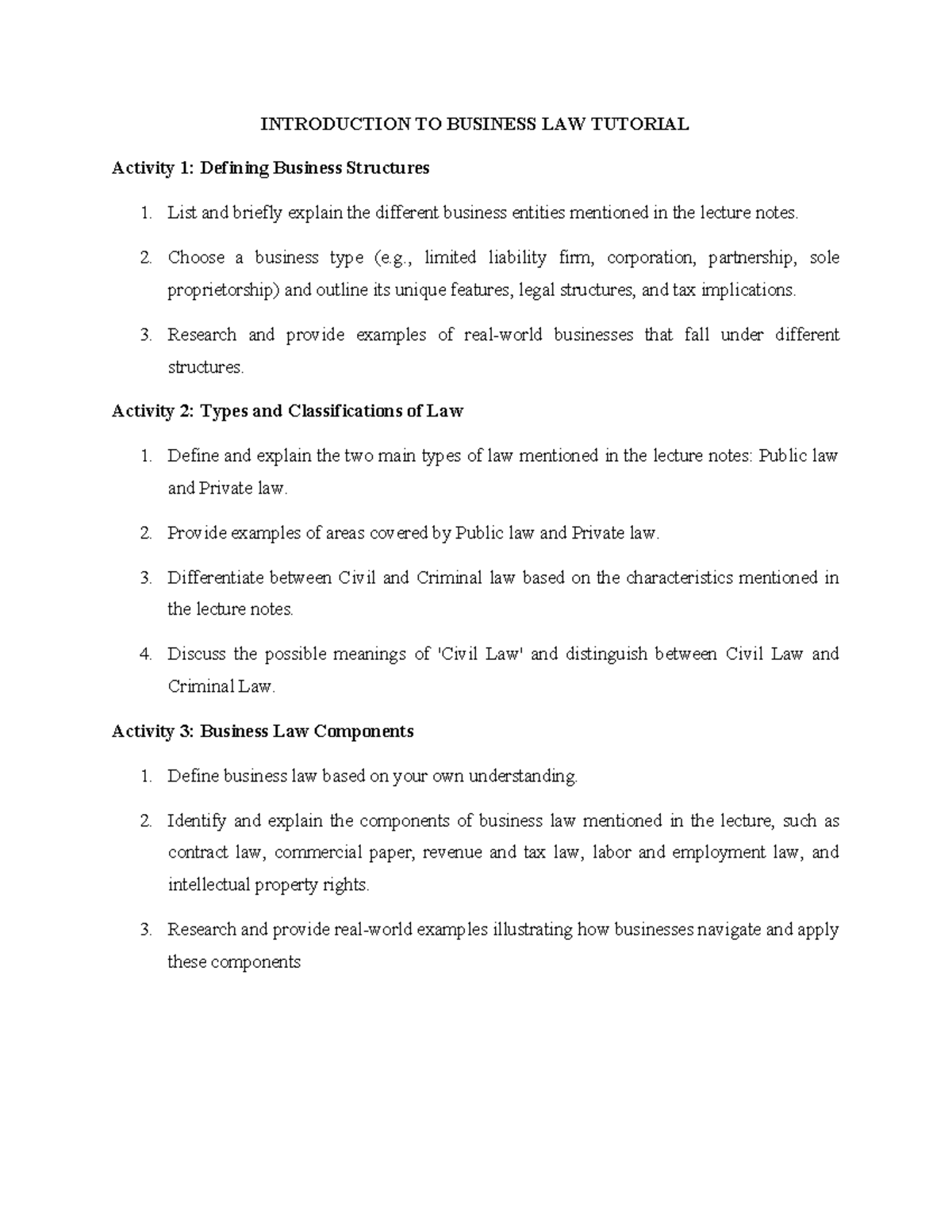 Tutorial Questions - Introduction to Business Law - INTRODUCTION TO ...