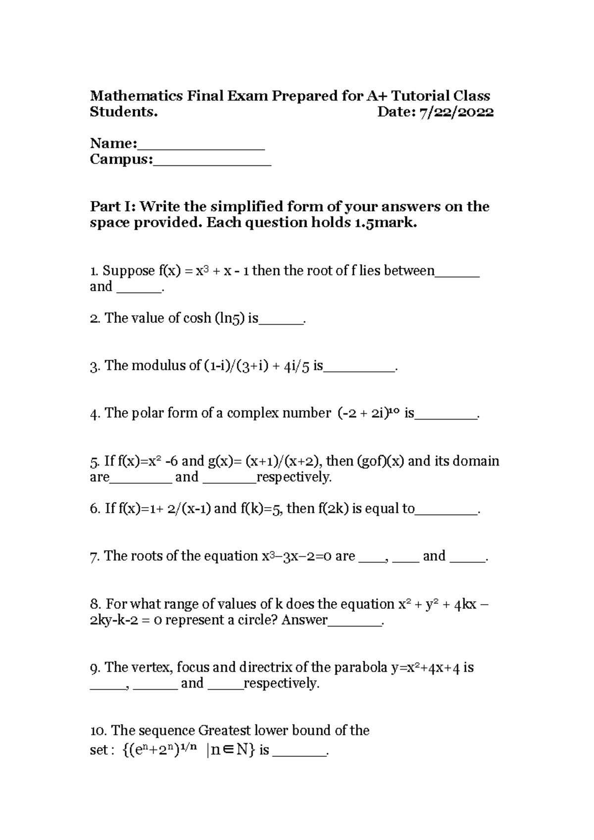 A+ Math Final Exam - Nice - Mathematics Final Exam Prepared for A+ ...