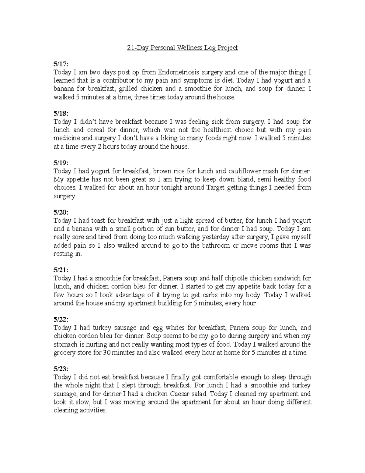 Eduu 513 wellness plan part 2 - 21-Day Personal Wellness Log Project 5/ ...