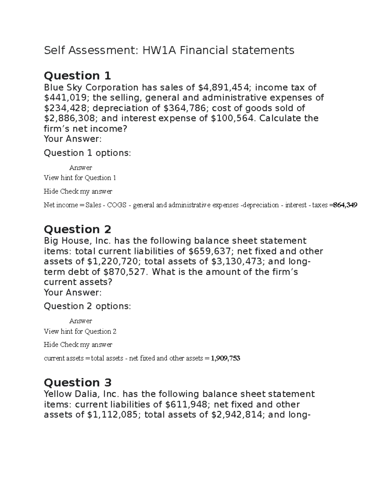 Self Assessment HW1A Financial statements - Self Assessment: HW1A Financial statements Question ...
