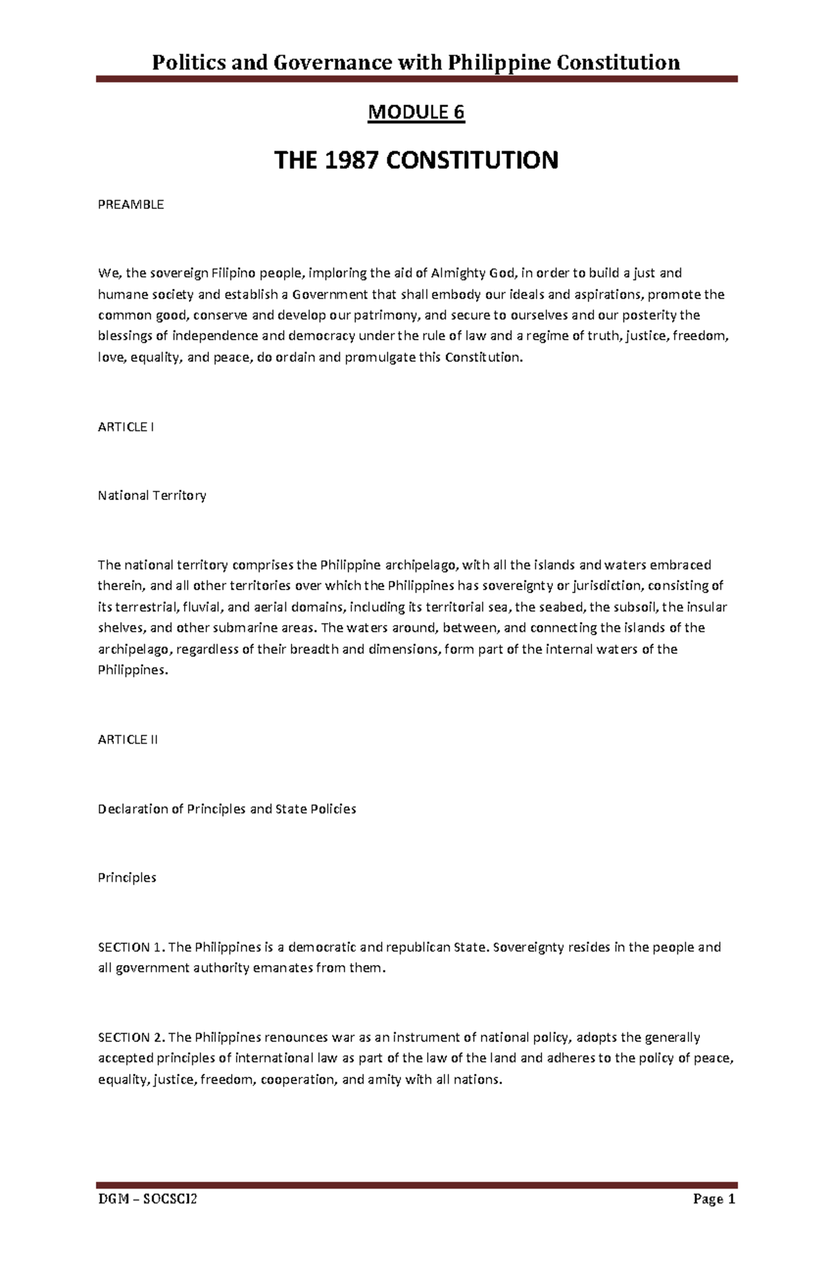 polgov notes 2023 - MODULE 6 THE 1987 CONSTITUTION PREAMBLE We, the ...
