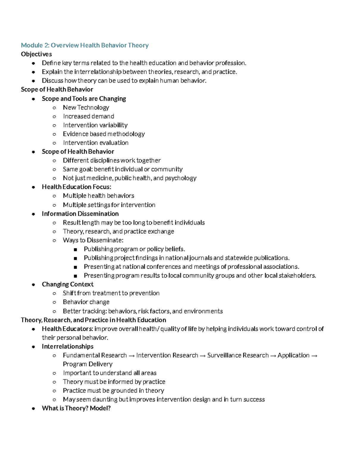 Module 2 Overview Health Behavior Theory - Module 2: Overview Health Behavior Theory Objectives ...