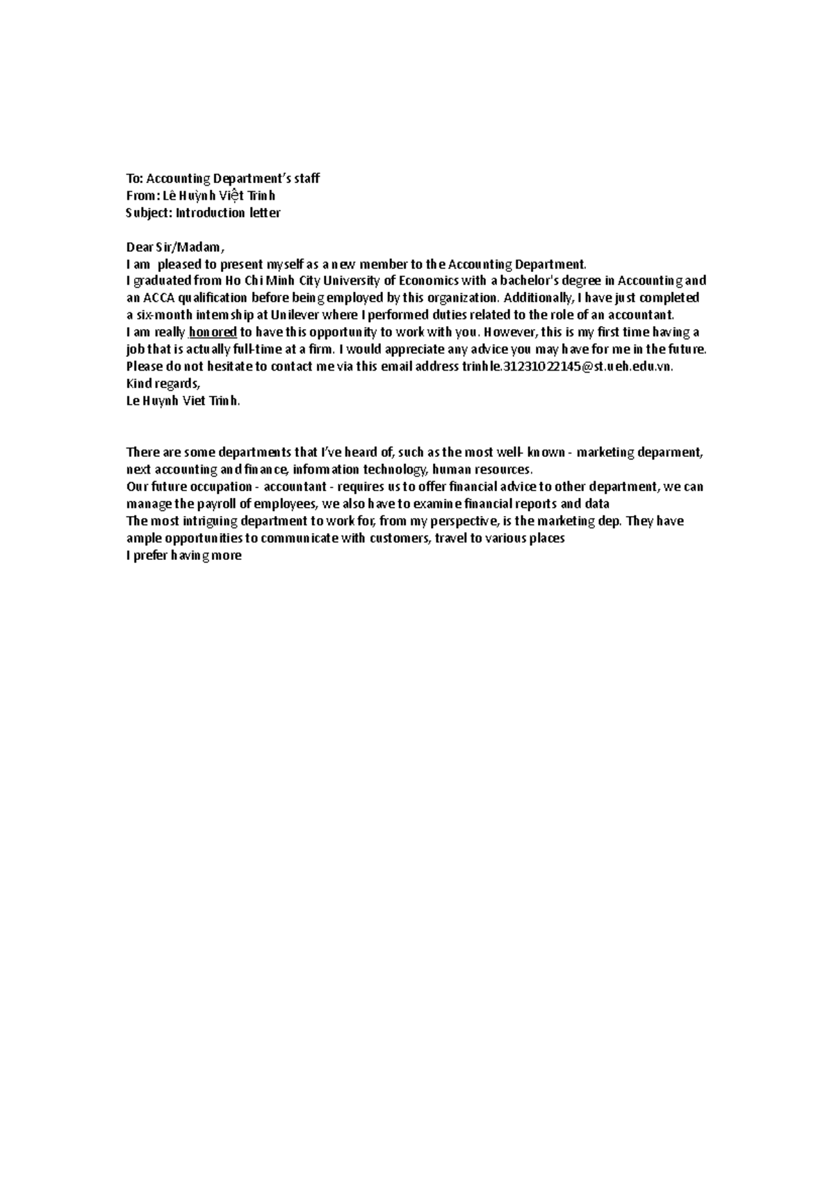 Introduction email (TATQ) - To: Accounting Department’s staff From: Lê ...