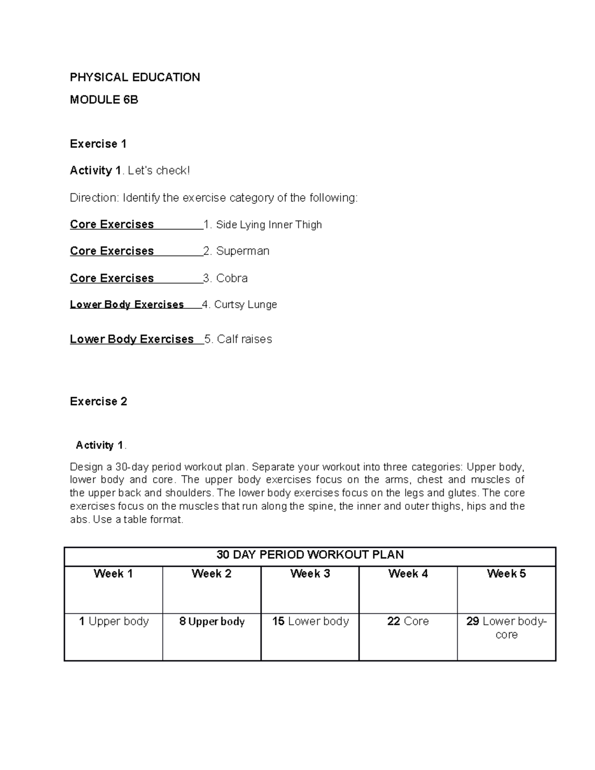 PE Module 6B - workout plan - PHYSICAL EDUCATION MODULE 6B Exercise 1 ...