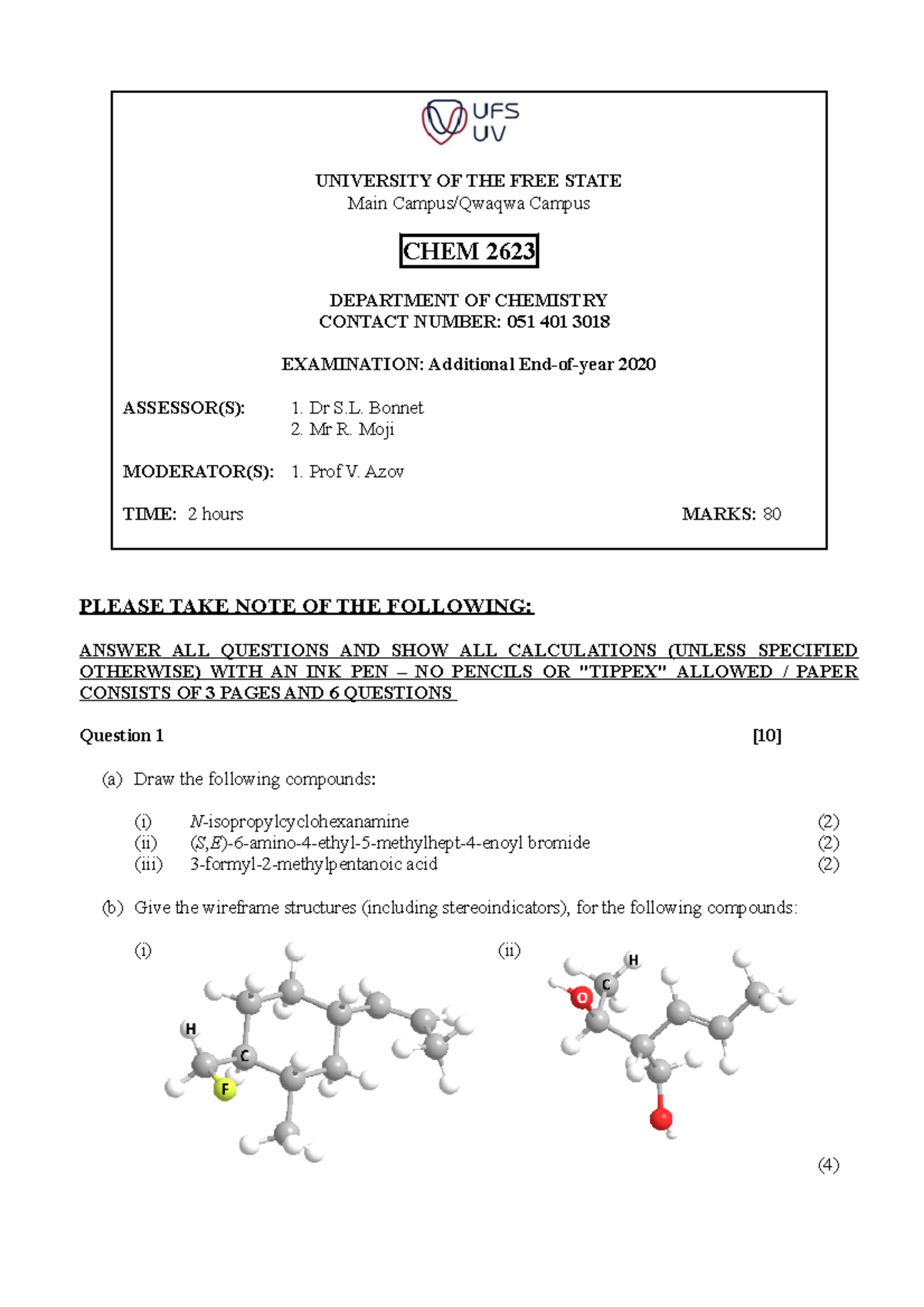 2020 CHEM2623 Additional End of Year Final - PLEASE TAKE NOTE OF THE ...