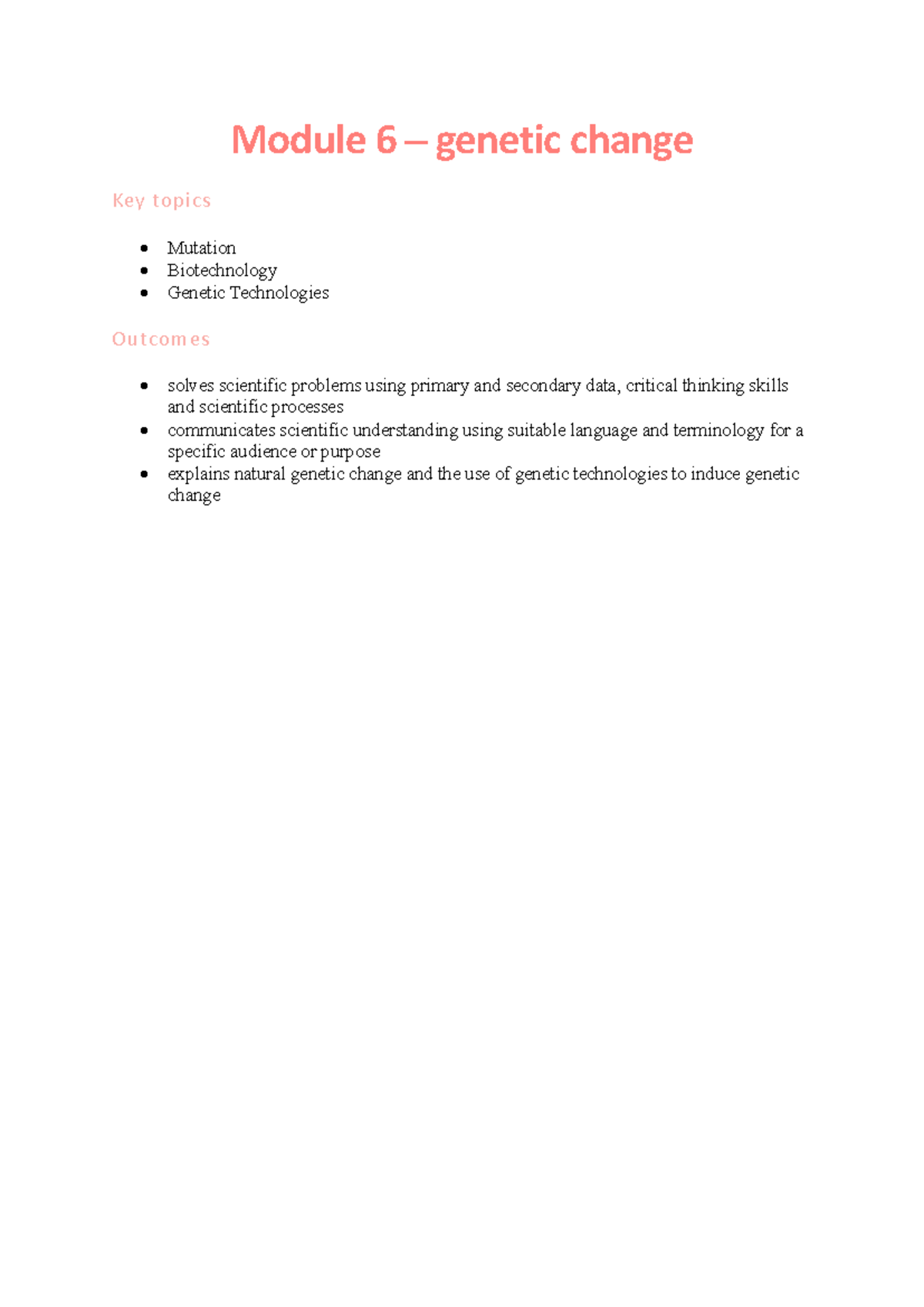 Module 6 - Module 6 – genetic change Key topics • Mutation ...