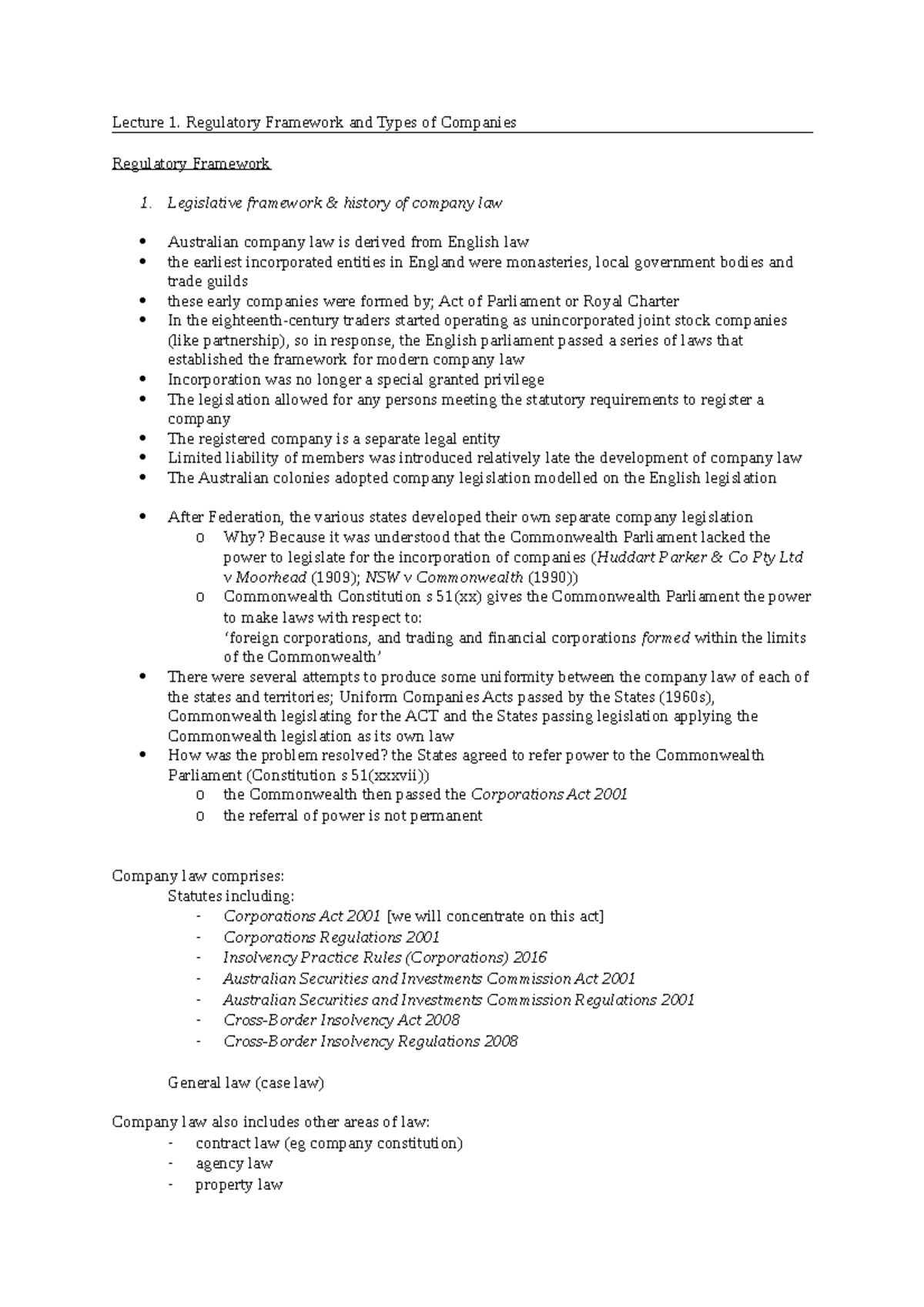 CLAW Notes 1 - d d d dc dckdkc d - Lecture 1. Regulatory Framework and ...