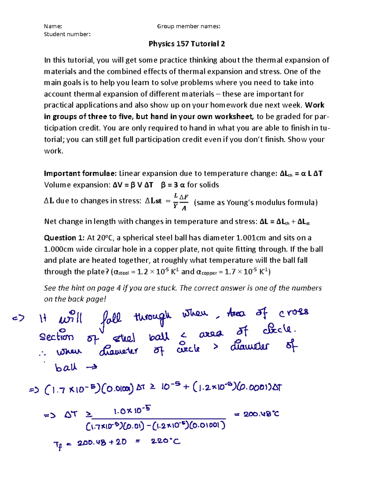Tutorial 2 Assignment - Name: Group member names: Student number: Physics 157 Tutorial 2 In this ...