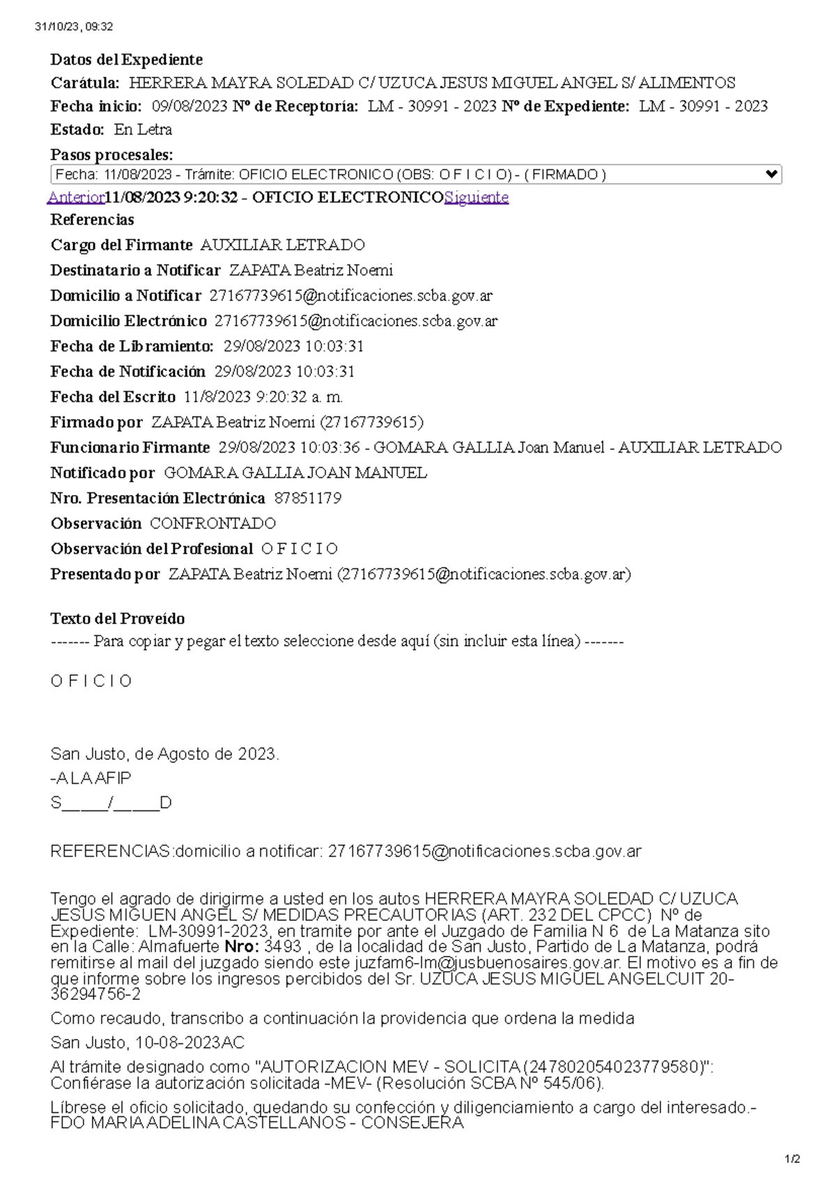 Oficio Herrera - 31/10/23, 09: 1/ Datos del Expediente Carátula ...