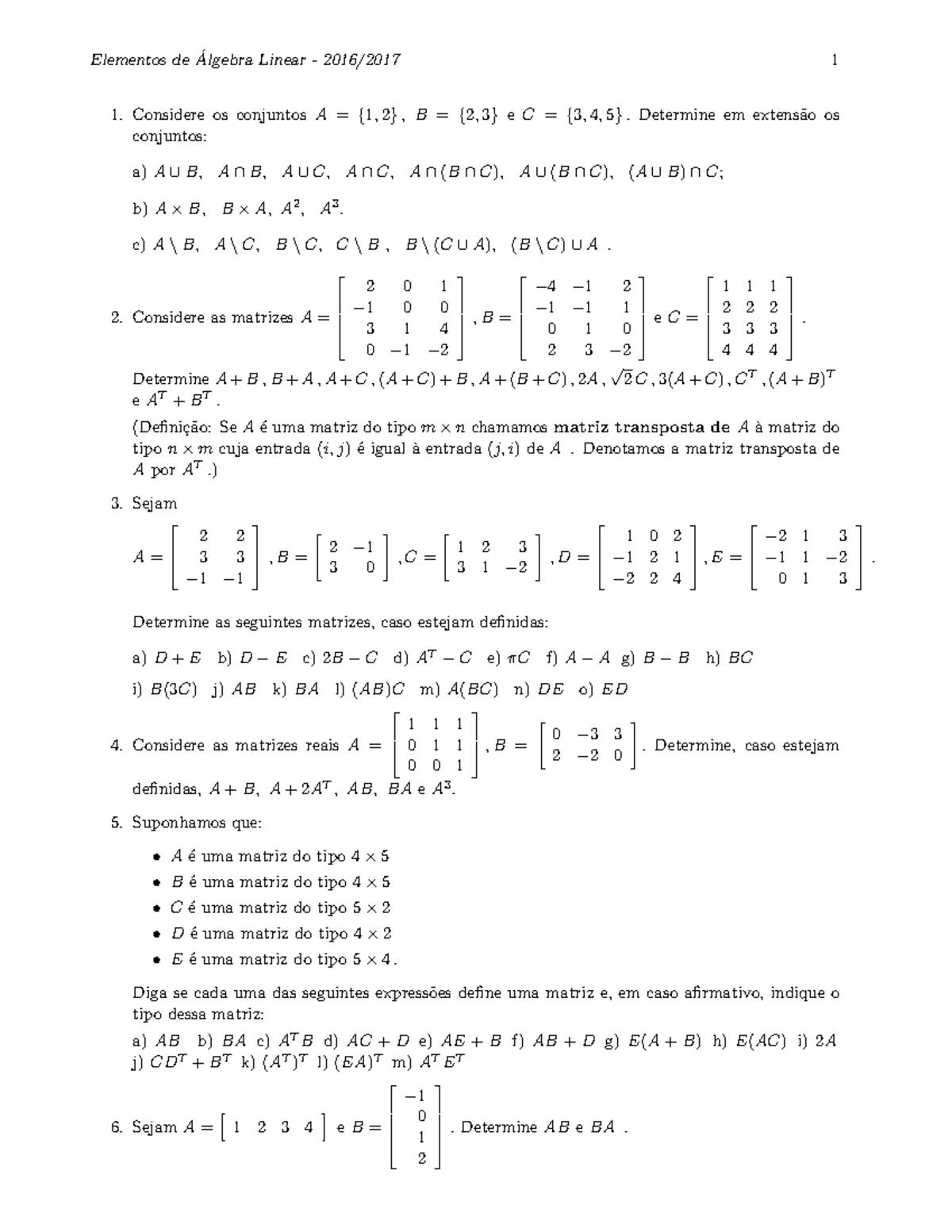 Exercicios Algebra Linear I - ´ Elementos de Algebra Linear - 2016/2017 ...
